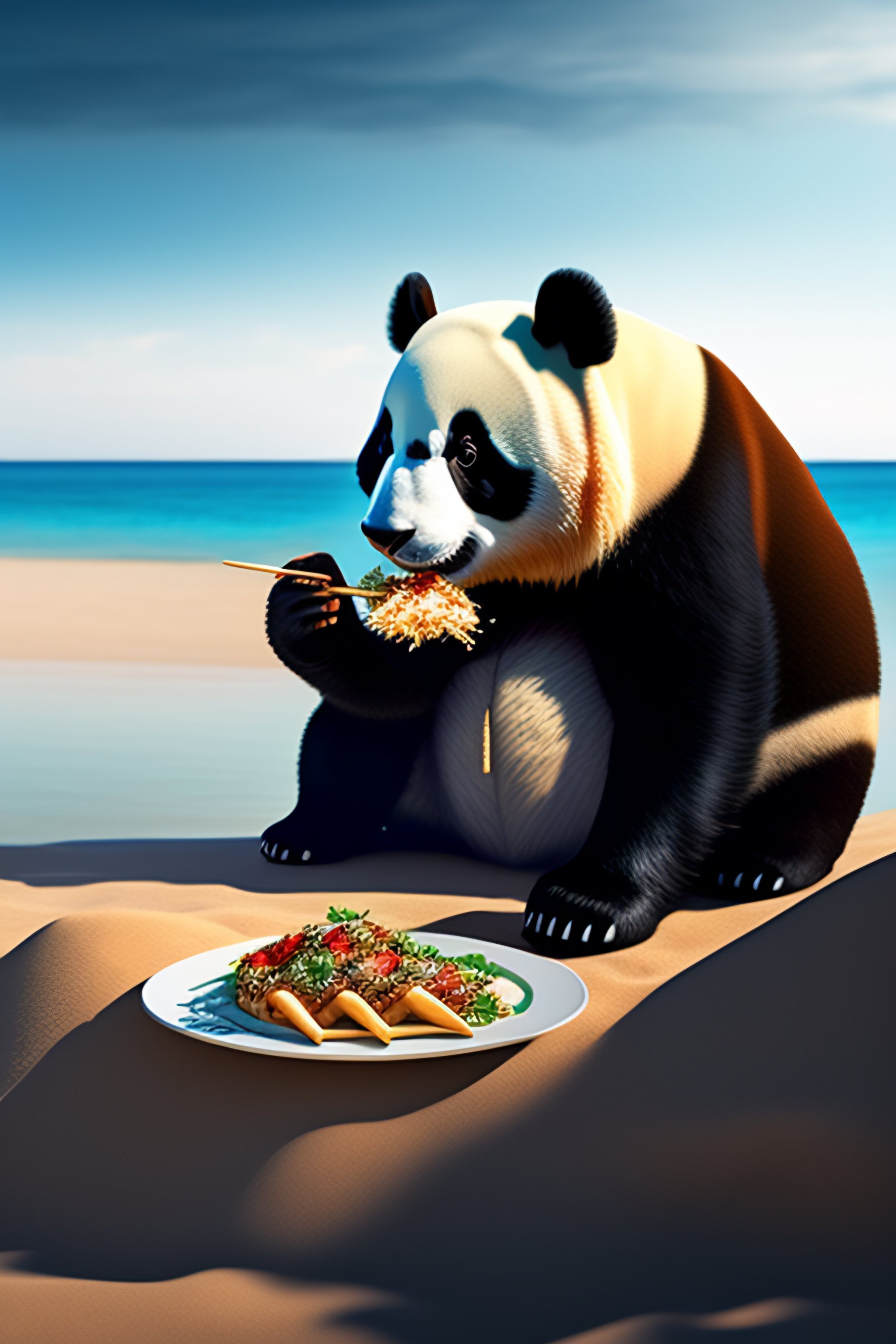 Lexica - A panda eating souvlaki on a beach