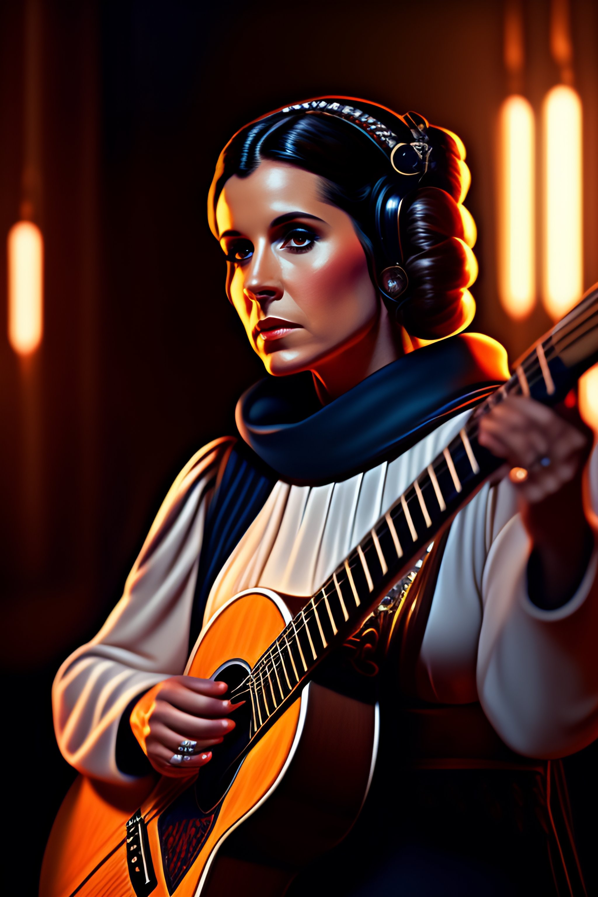 Lexica - Portrait of princess leia playing the guitar, intricate ...