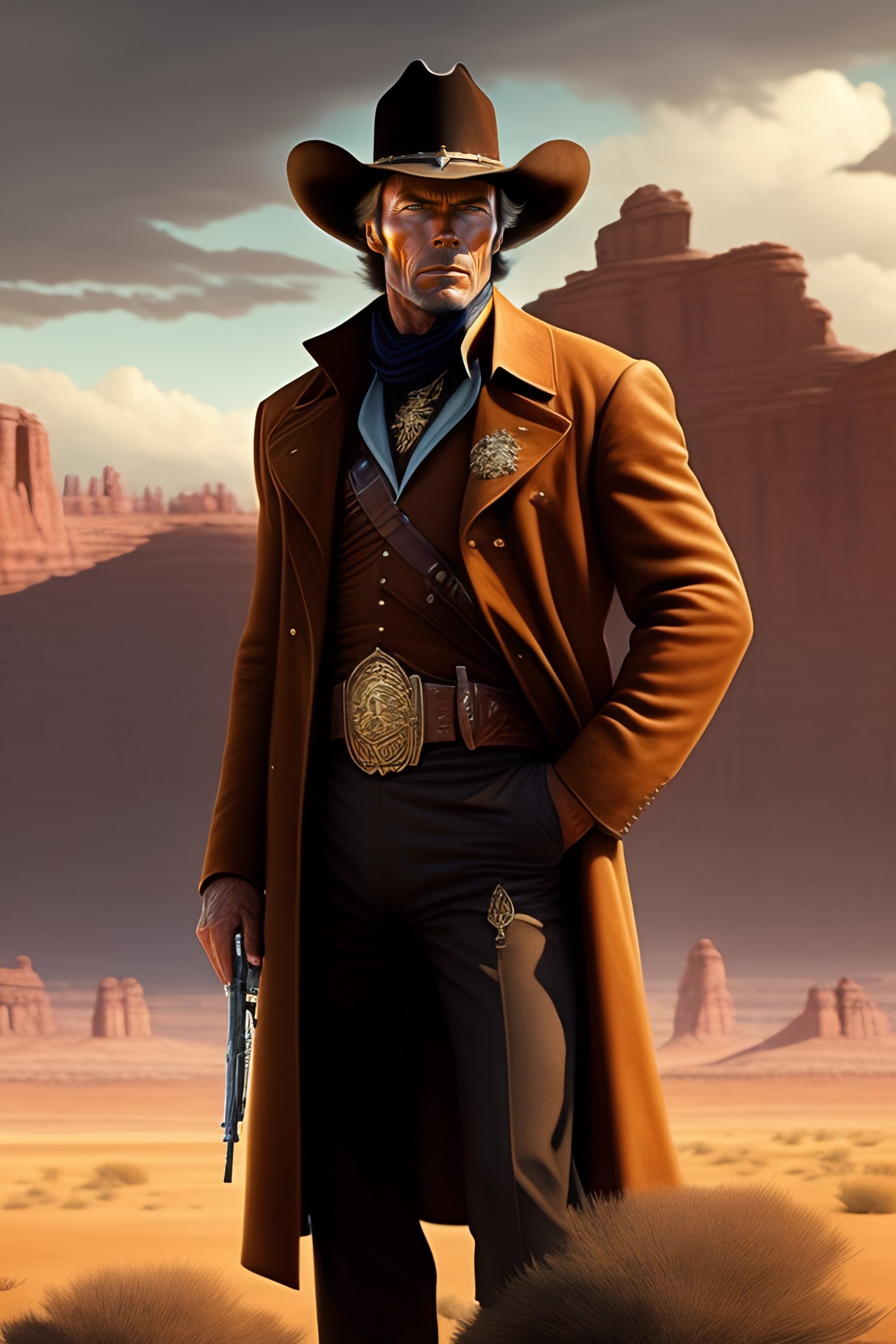 Lexica - Clint eastwood portrait shot of a western cowboy firing a ...