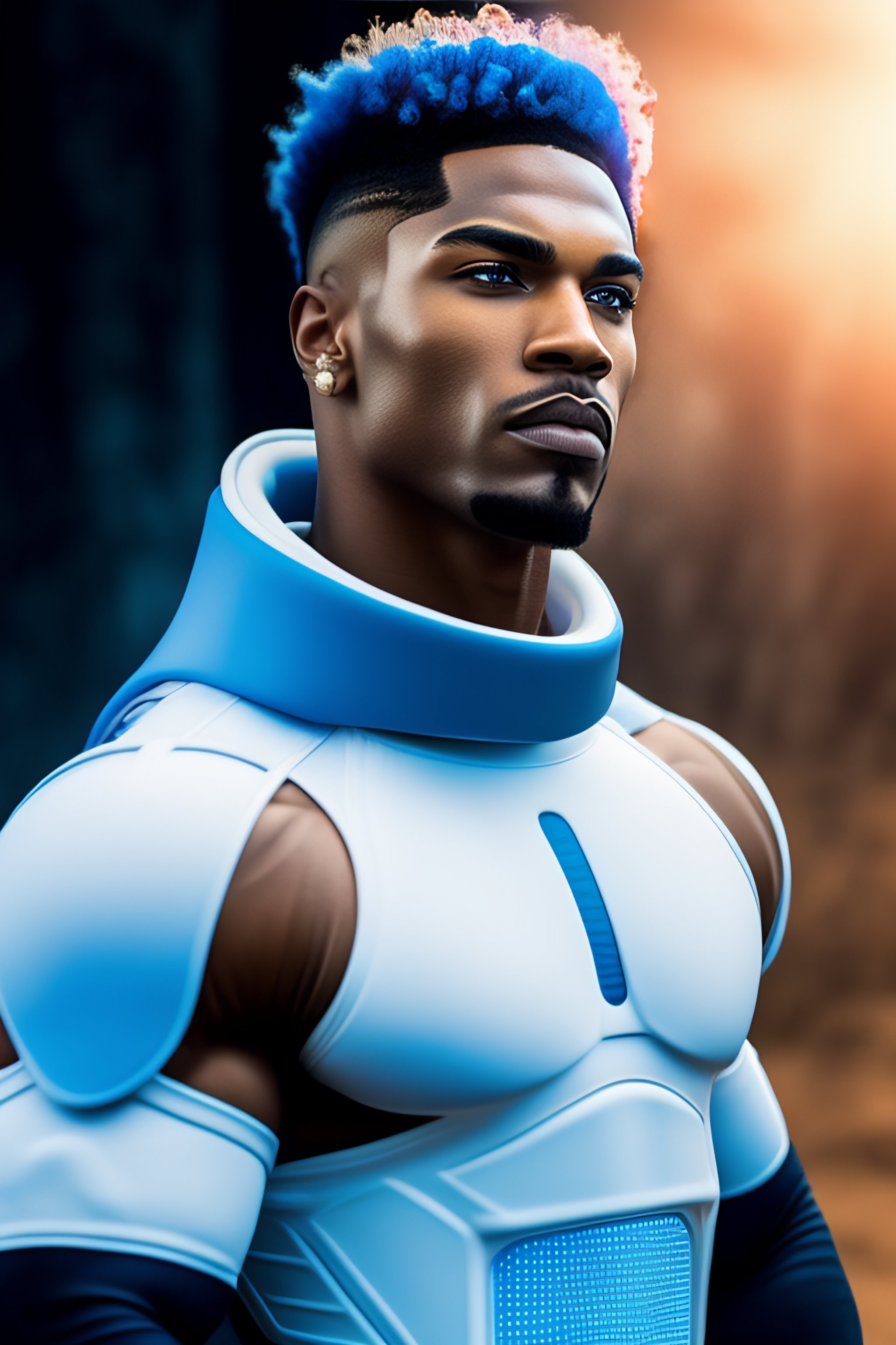 Lexica - A buff man with light skin blue fiery hair wearing ...