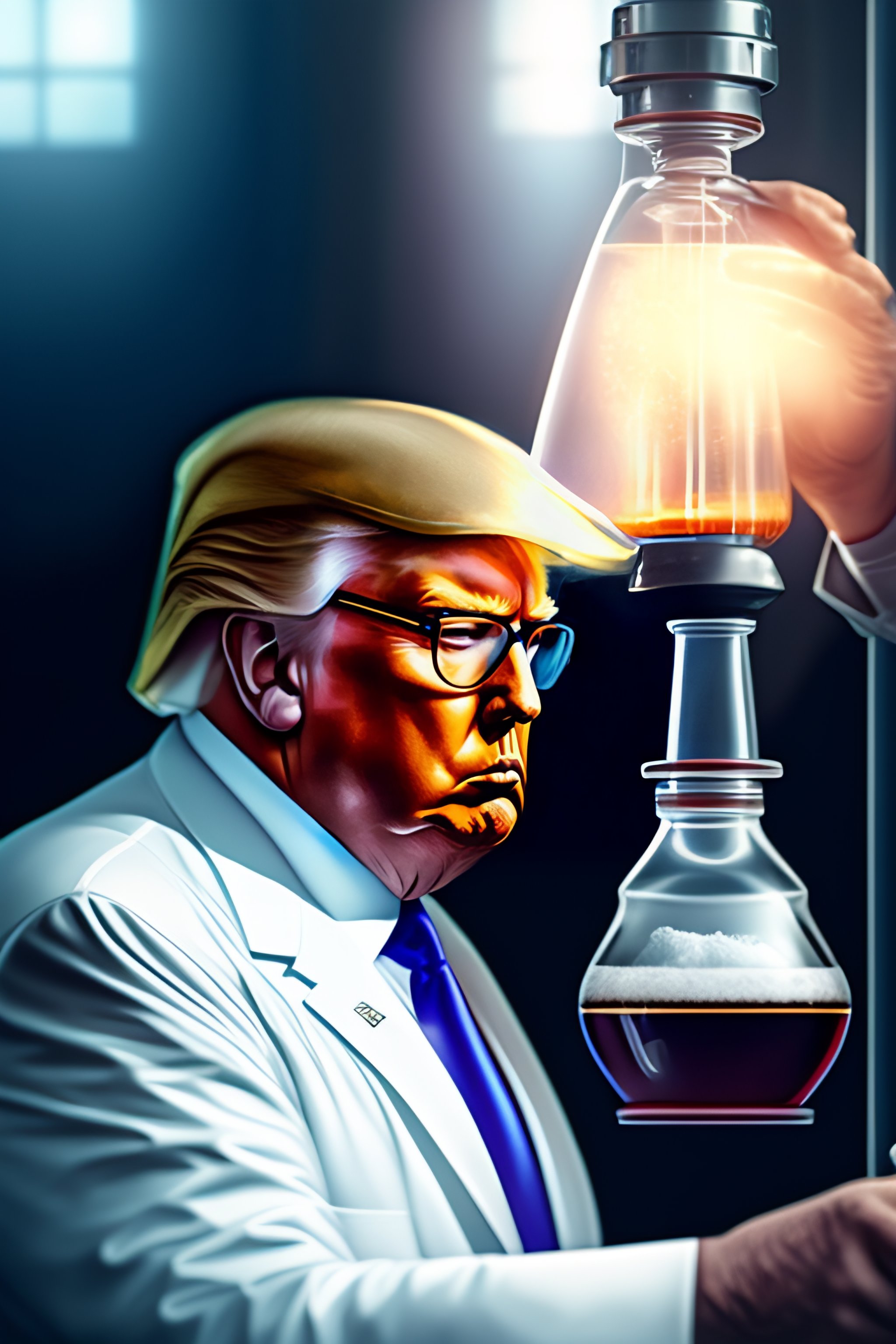 Lexica - Donald Trump holds a ehrlenmeyer flask at eye level, wearing a ...