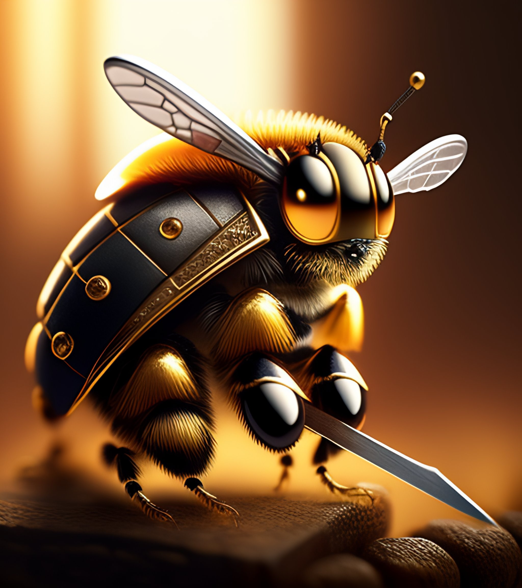 Lexica - Bee with metal armor and a sword in front of a castle with a ...