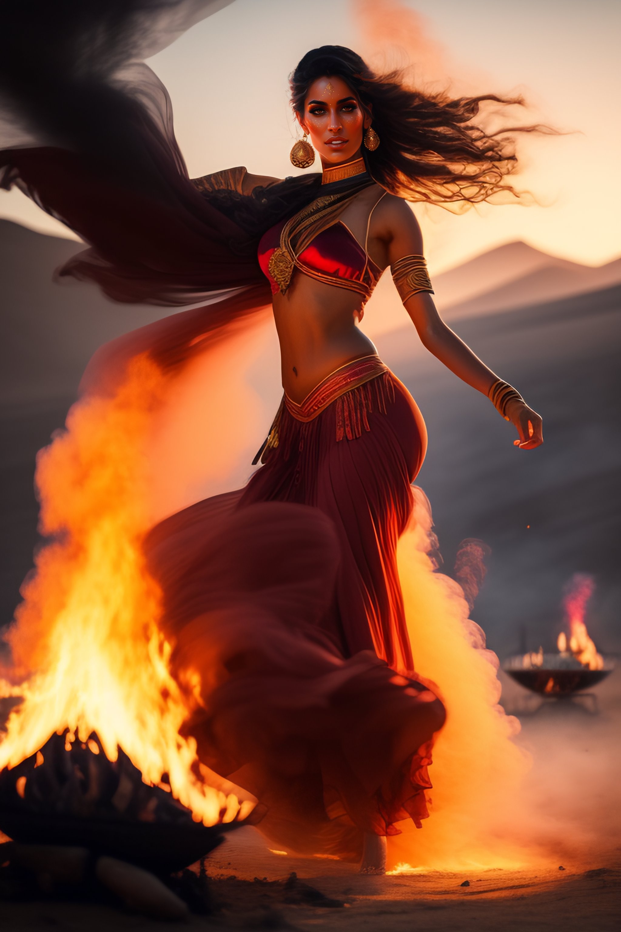 Lexica - Firedancer arabian woman dancing around firecamp, greg rutkowski