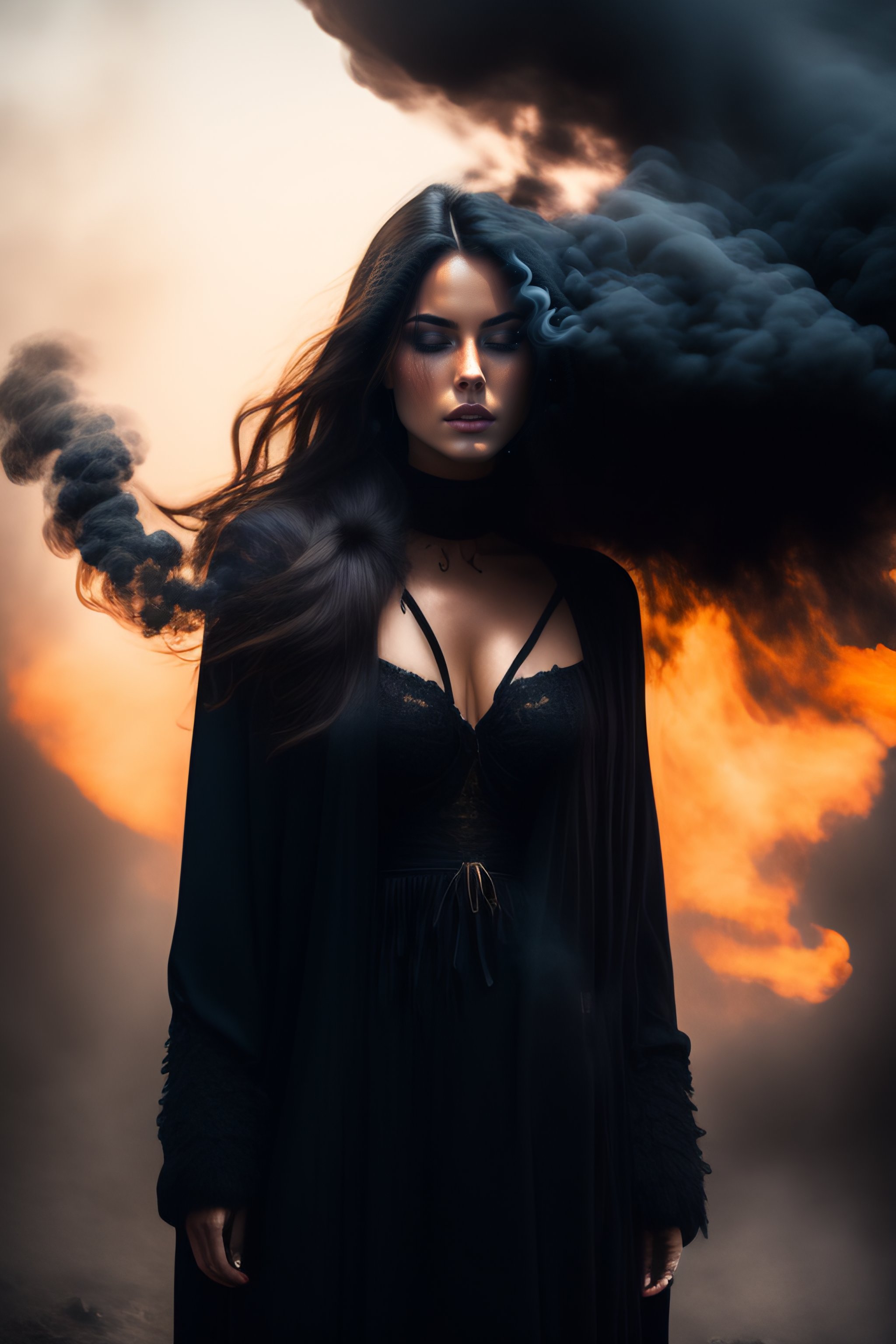 Lexica - Beautiful woman evaporating into black smoke, dark background ...