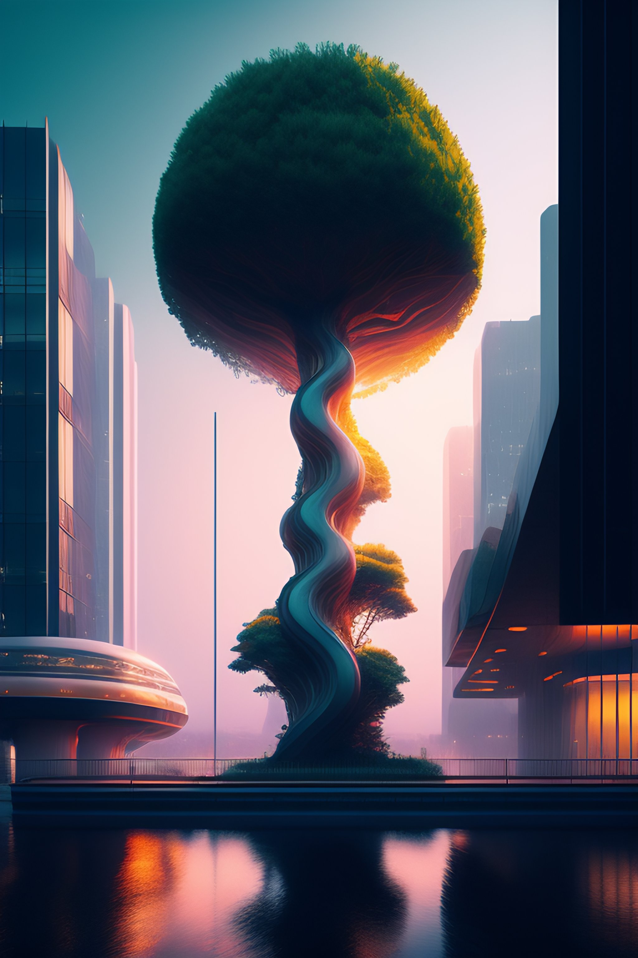 Lexica - Slow shutter speed photo of a cyberpunk city, tree, nature ...