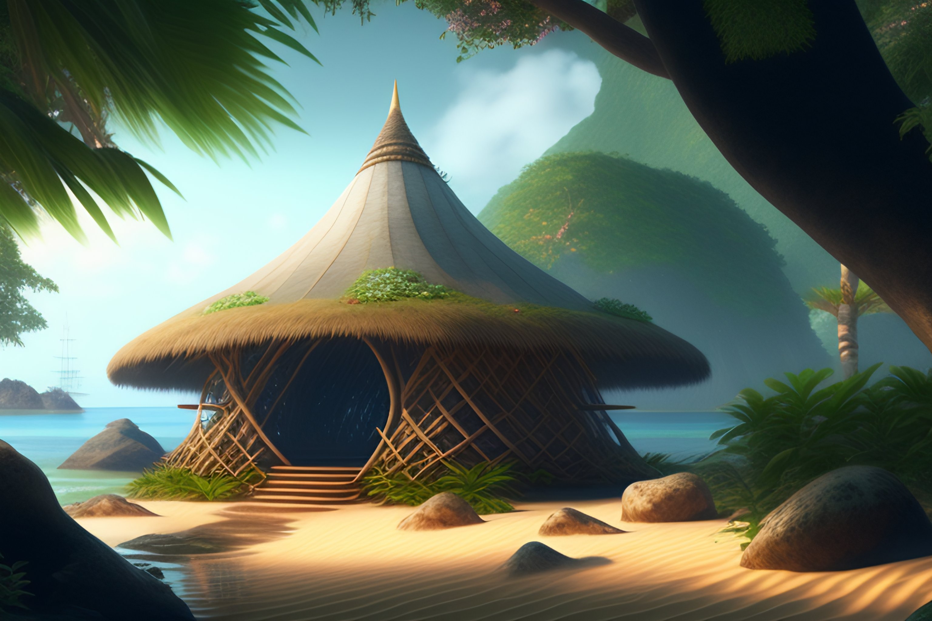 Lexica - Giant elven hut bamboo on tropical island beach yucca giant ...