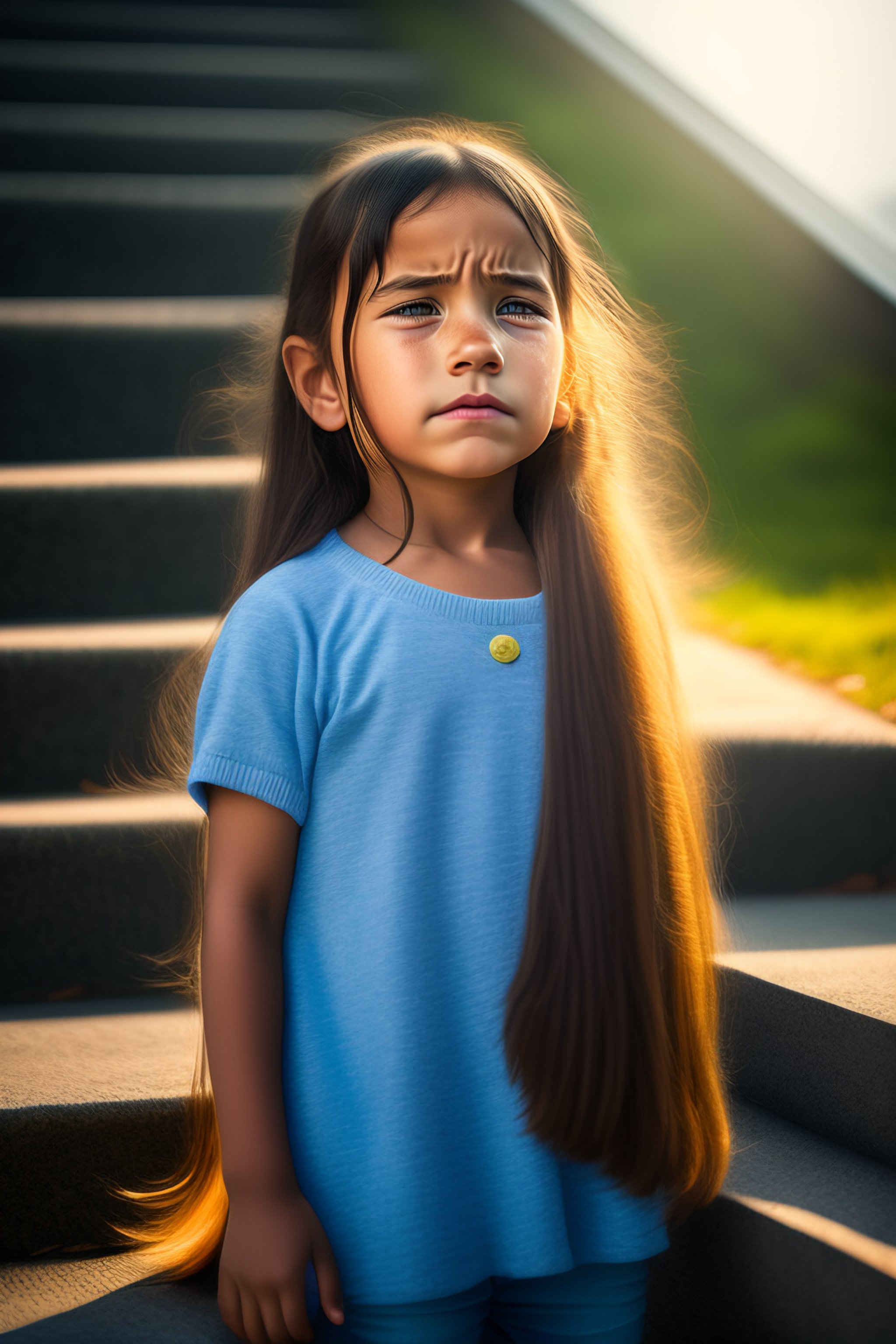 Lexica - Orphan girl crying on outside steps. Long straight hair.