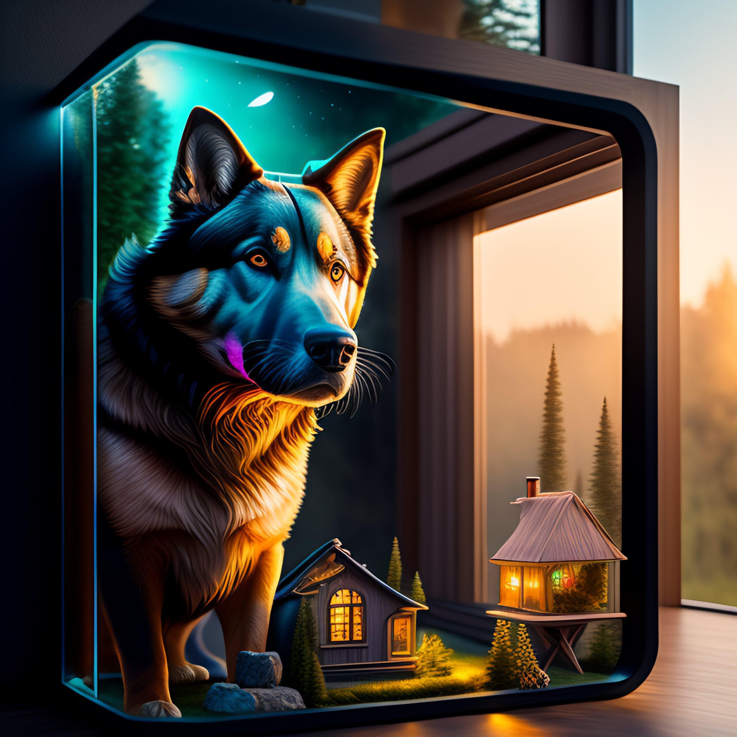 Lexica - Detailed photo of yogi in glass diorama with dog and hoose ...
