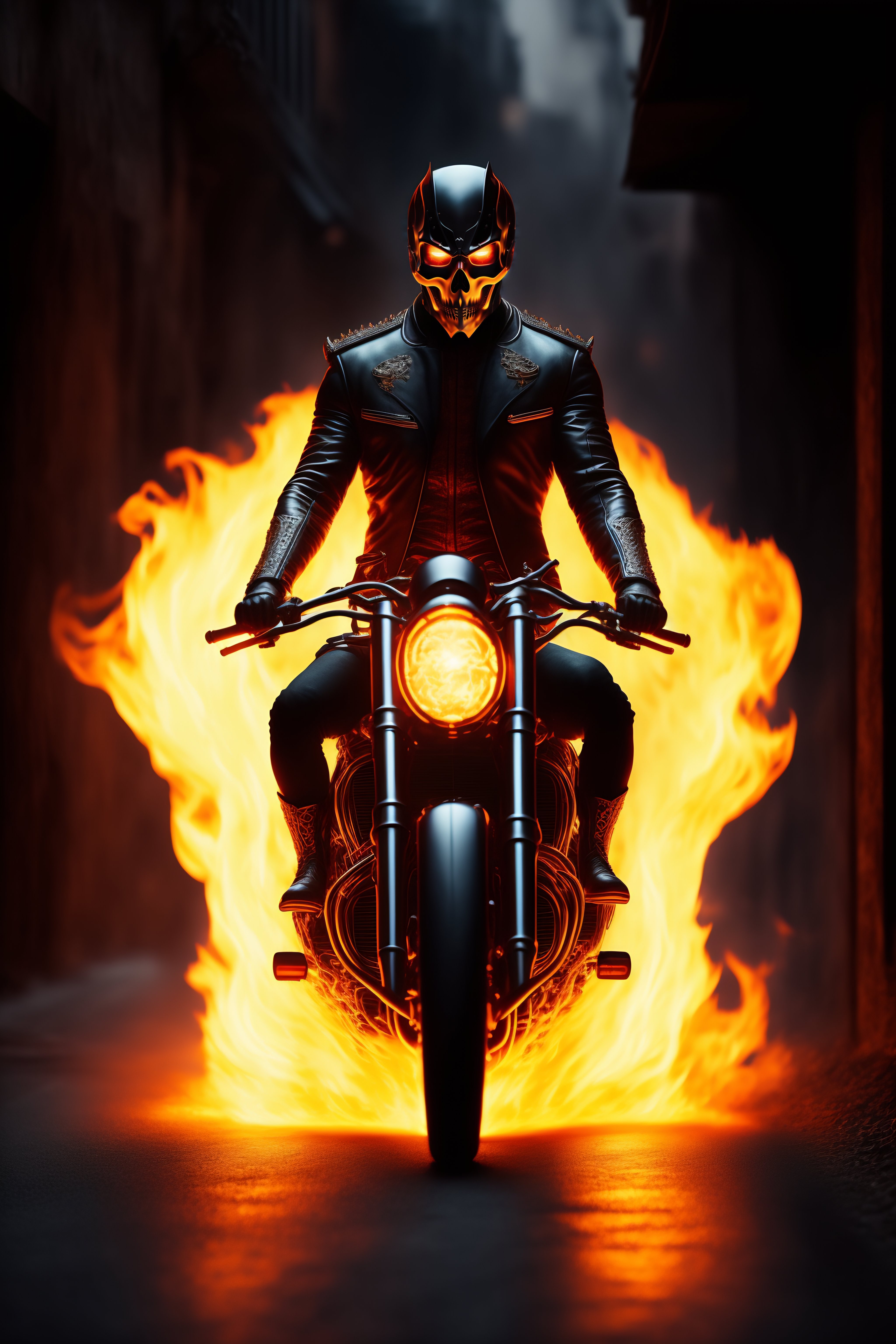 Lexica - Ghost Rider in a dark alley, cinematic lighting, digital art ...