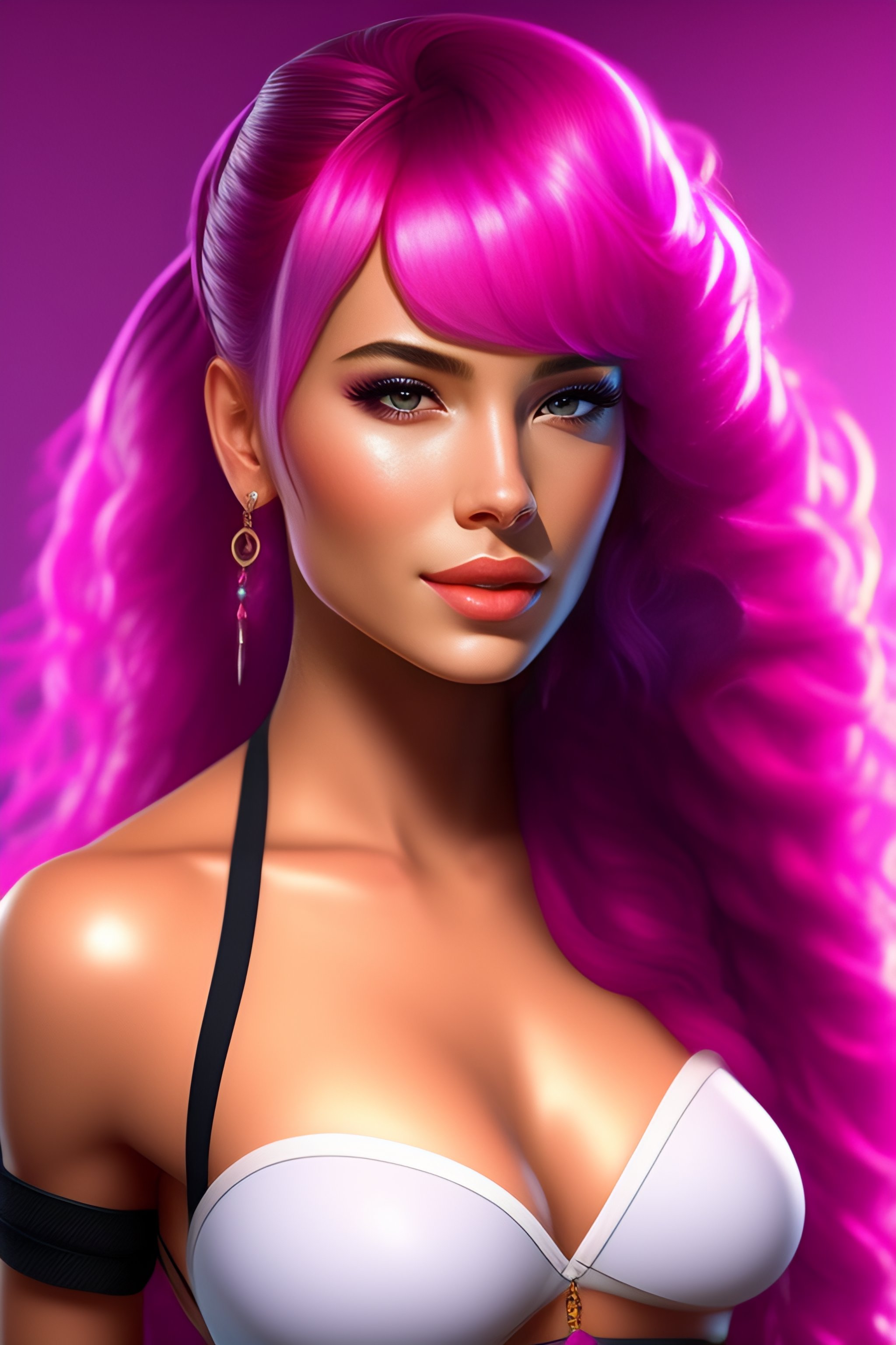 Lexica - Sexy girl,realistic, pink hair, Part the hair,Tie a ponytail,Have bangs, brown eyes ...