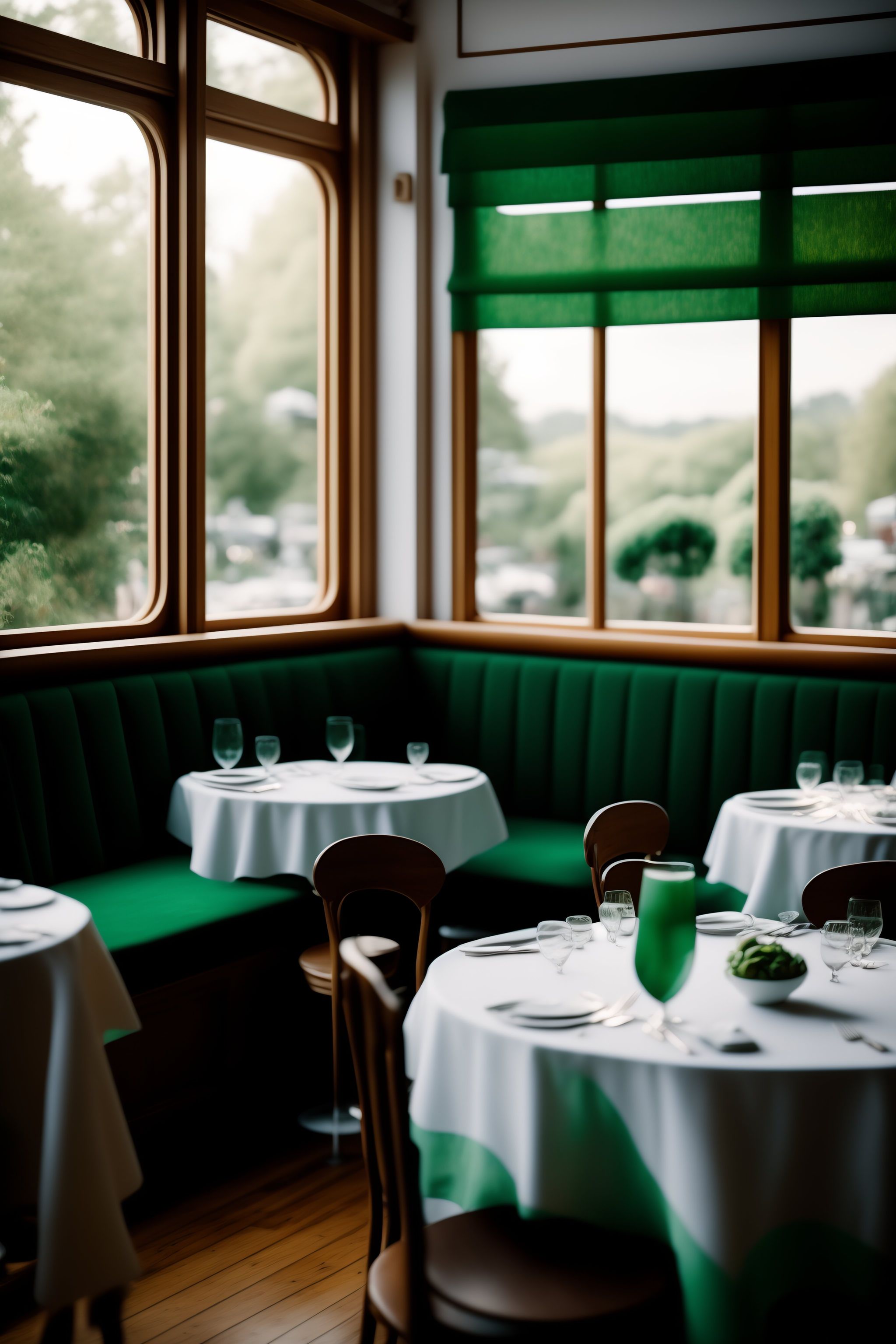 Lexica - Atmospheric cafe with green curtains and white tablecloths on ...