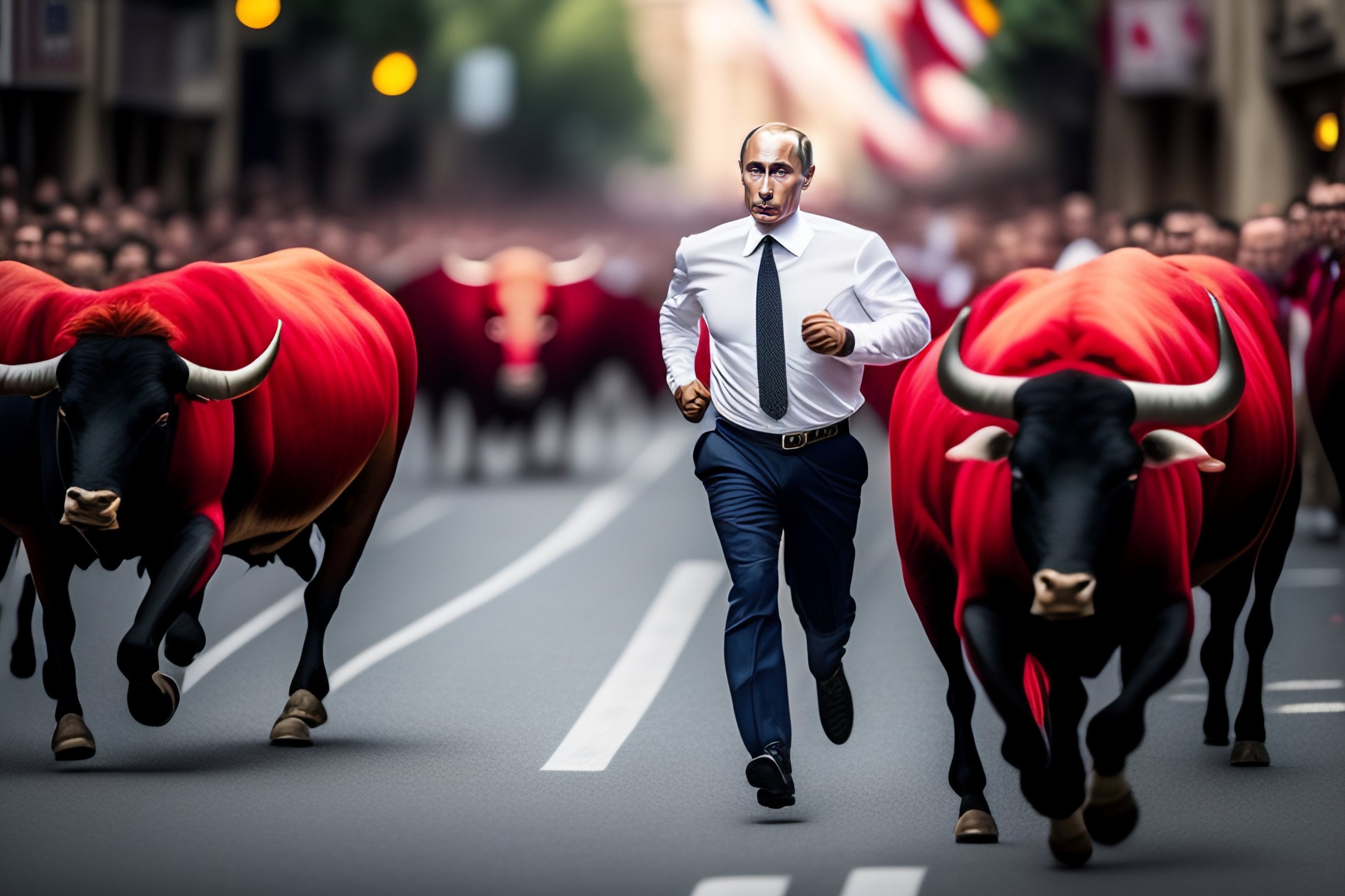 Lexica - Putin running in front of bulls in san fermin spain