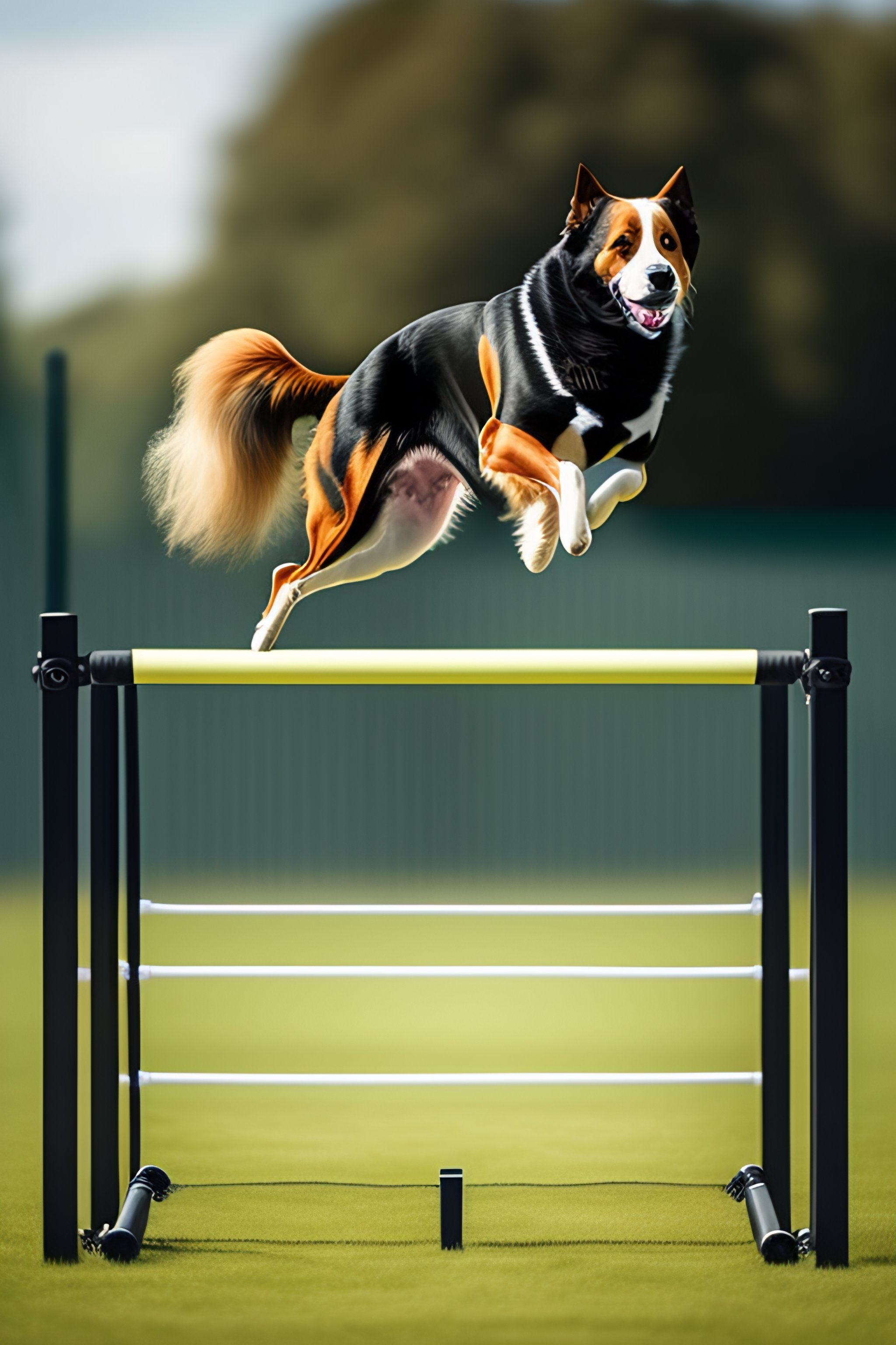 Lexica - Dog with four legs in the air in agility parcours jumping over ...