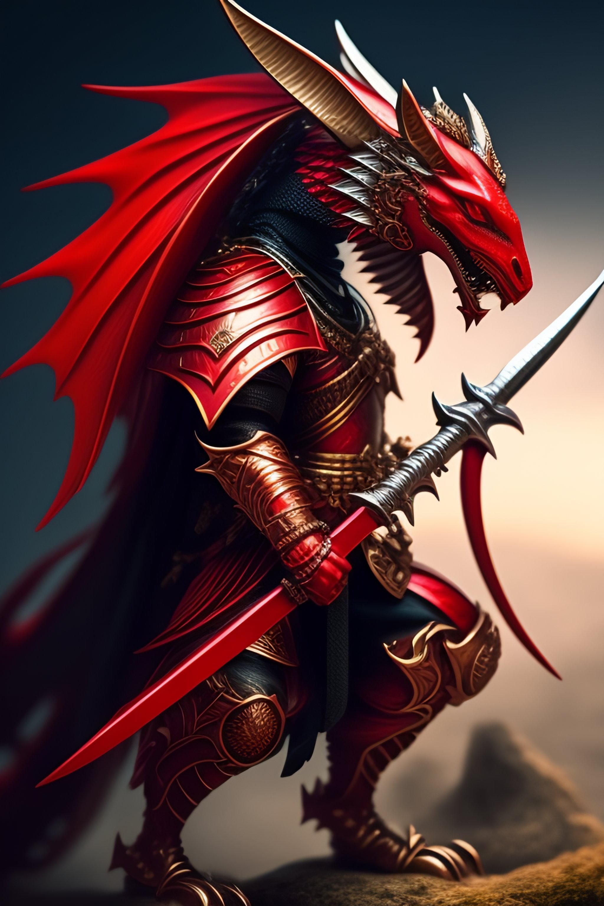 Lexica - Humanoid red dragon using two swords
