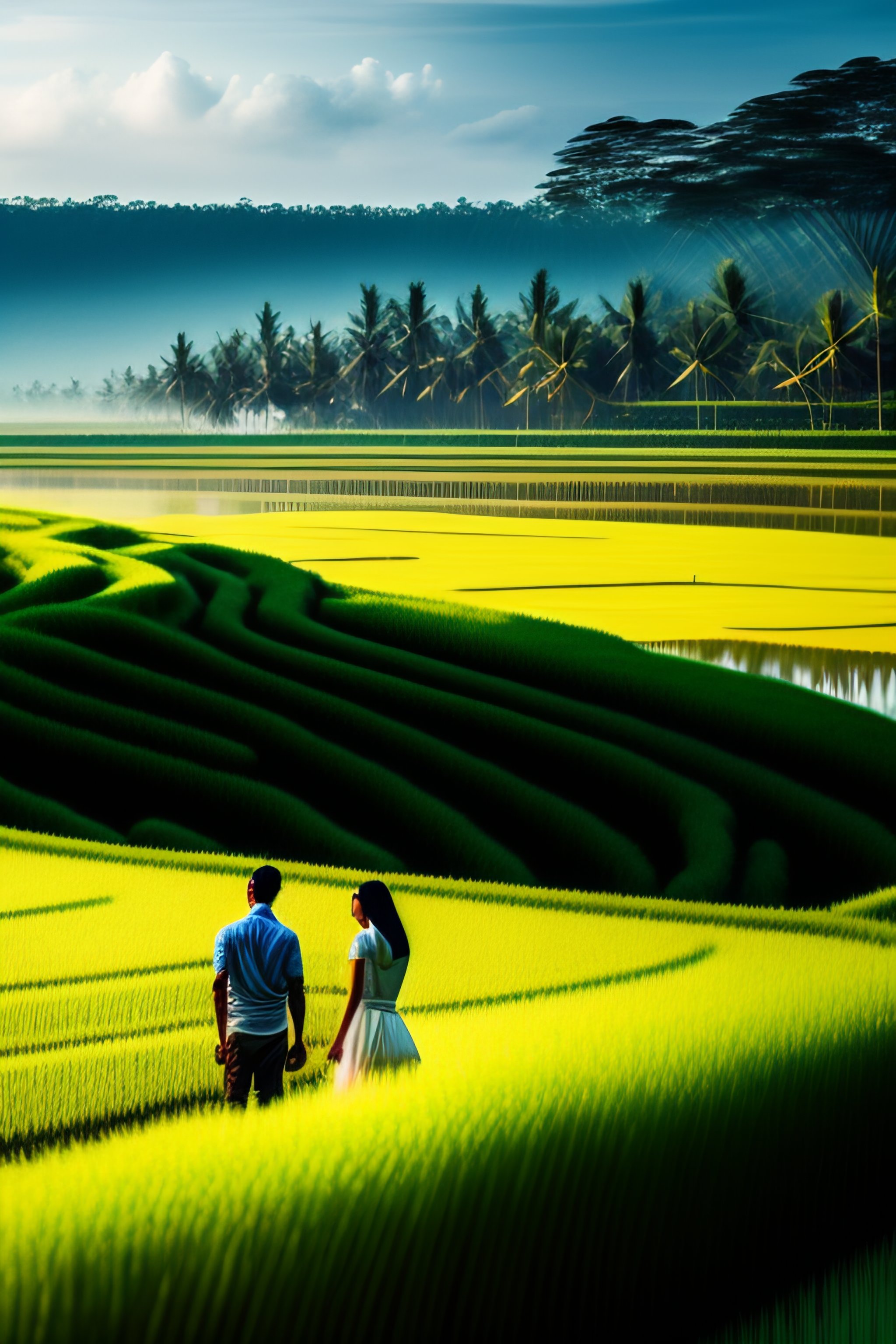 Lexica - Painting of a man and woman standing in the rice field of bali