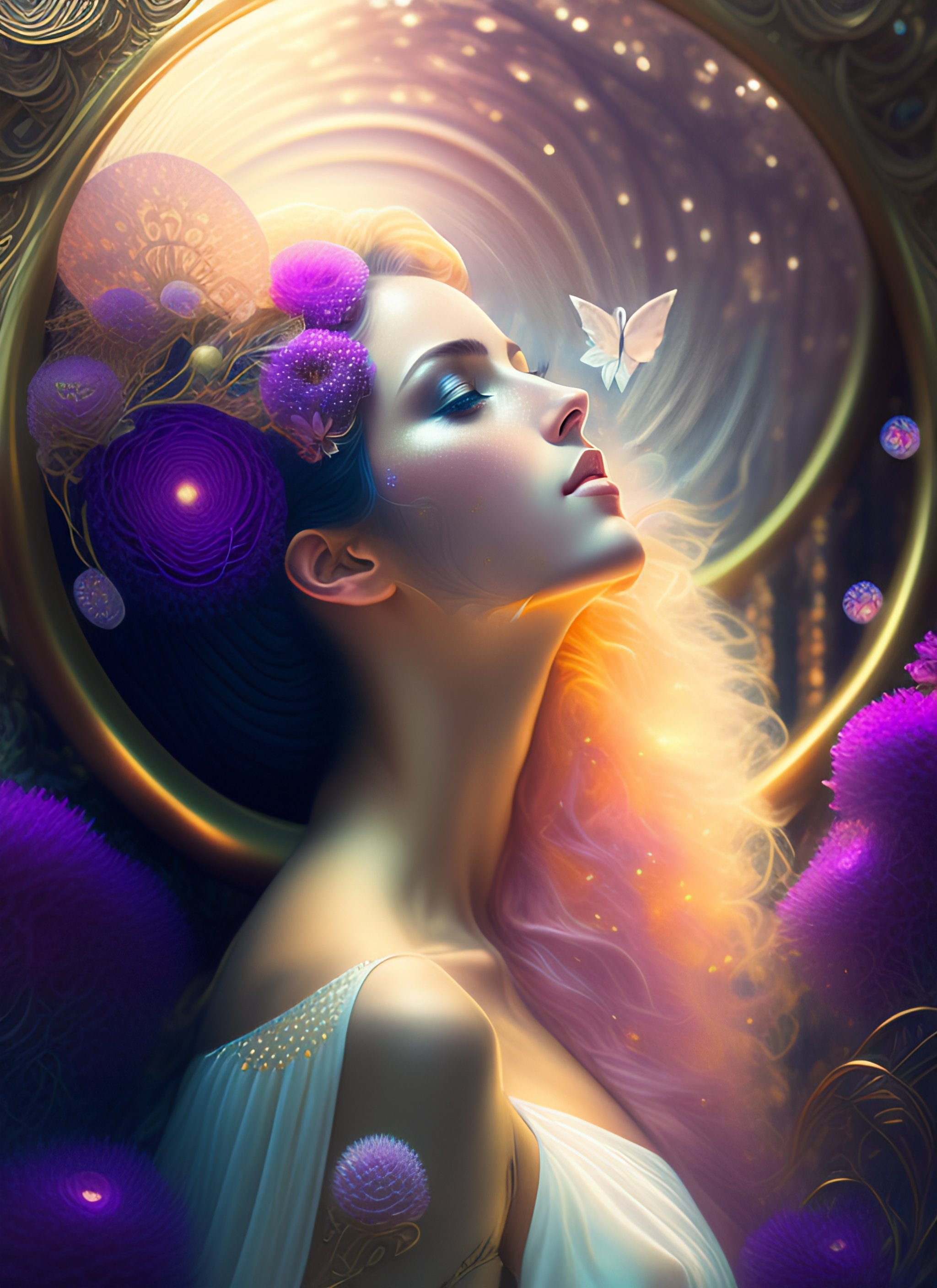 Lexica - Lovely woman pondering a dreamy mistical golden vaporous ...