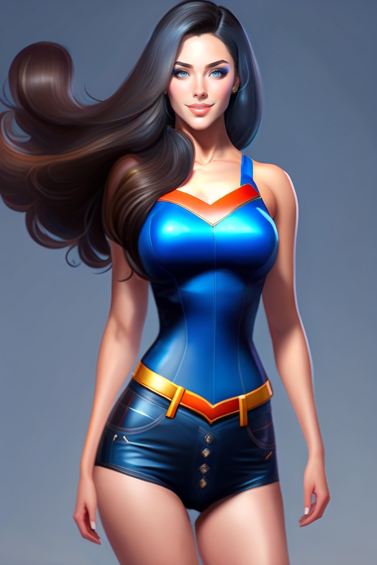 Lexica - Jeans Super Heroine, dark hair, blue jeans bodysuit, blue eyes, bare legs