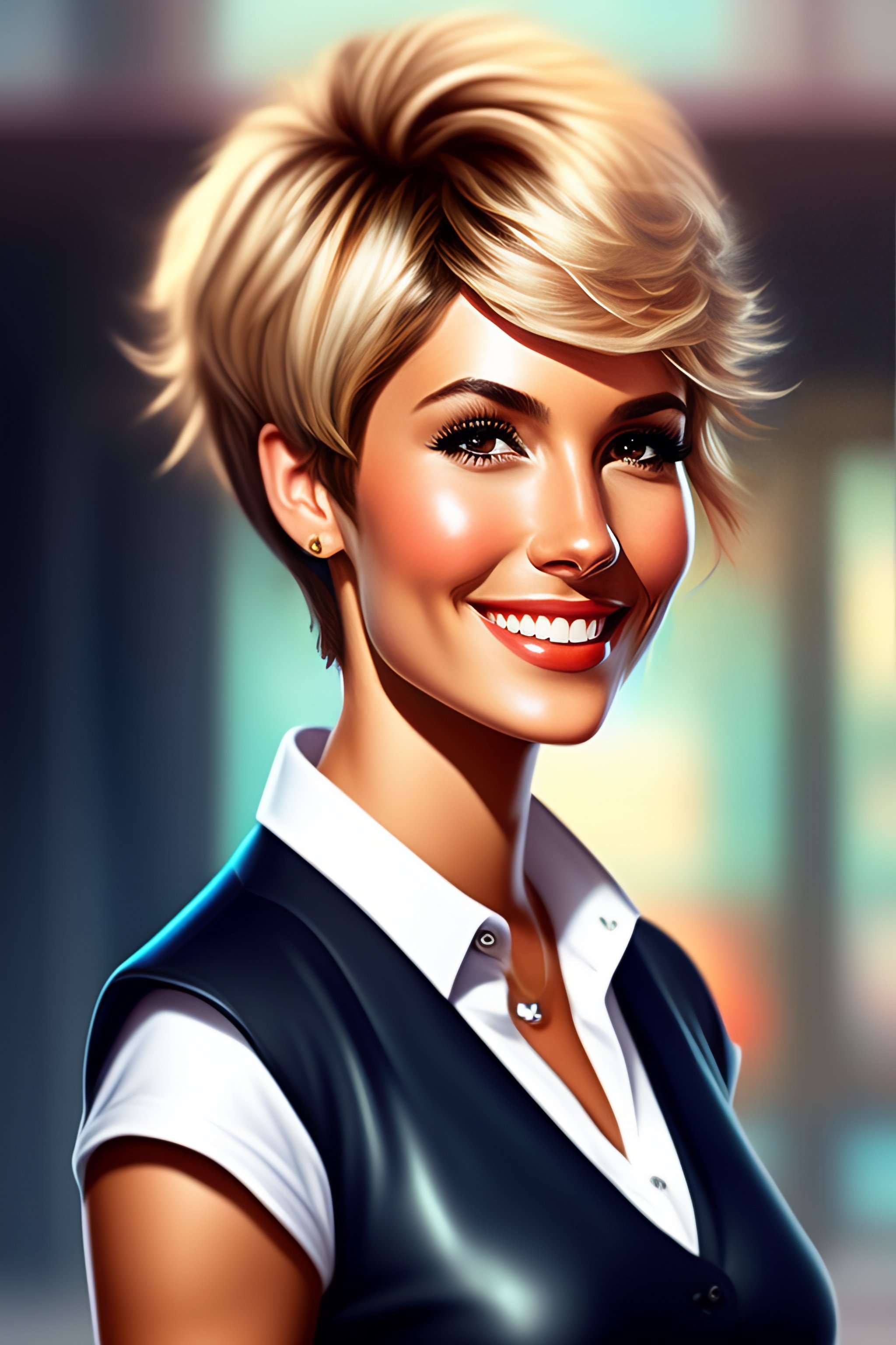 Lexica - Tomboy, pixie cut, taned, smile, office lady, anime