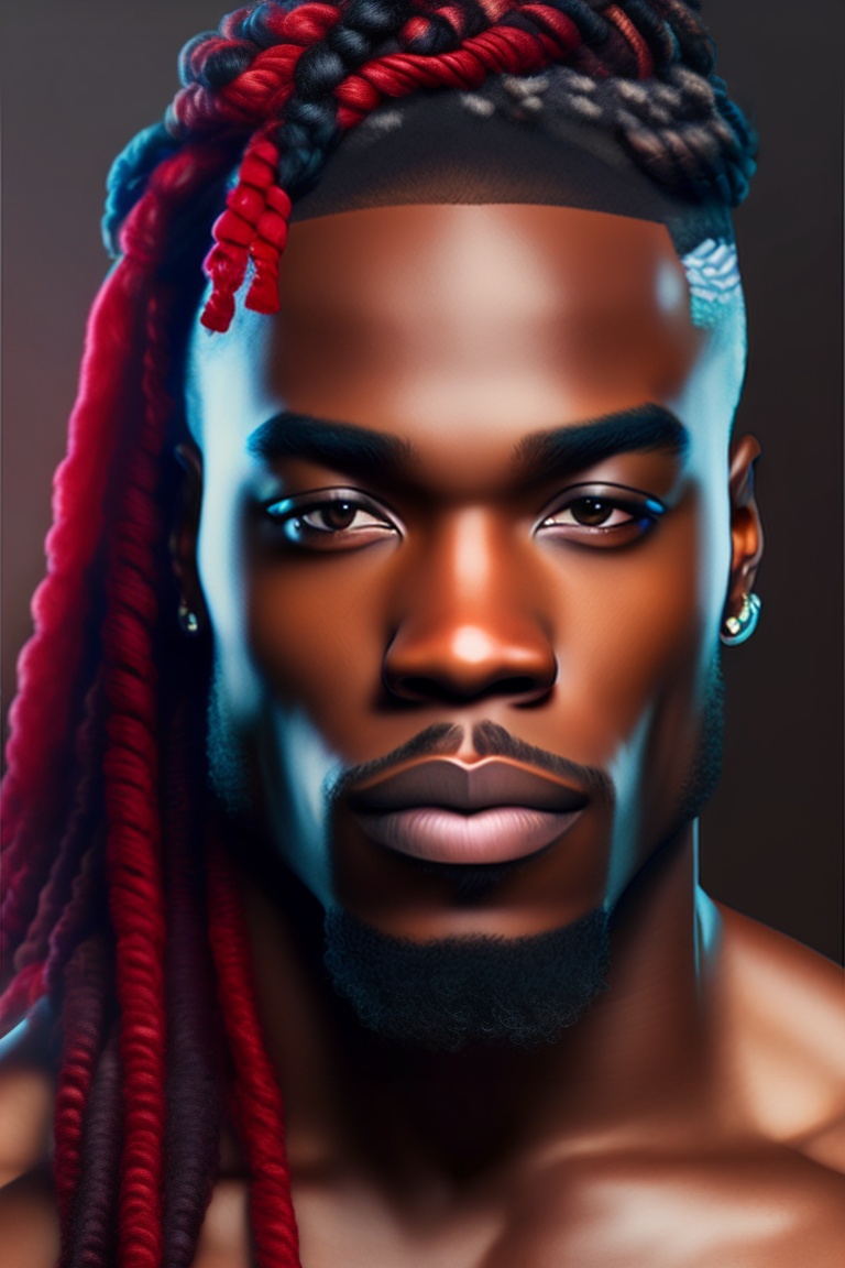 Lexica - Black muscular man, looking straight in the camera, with locs