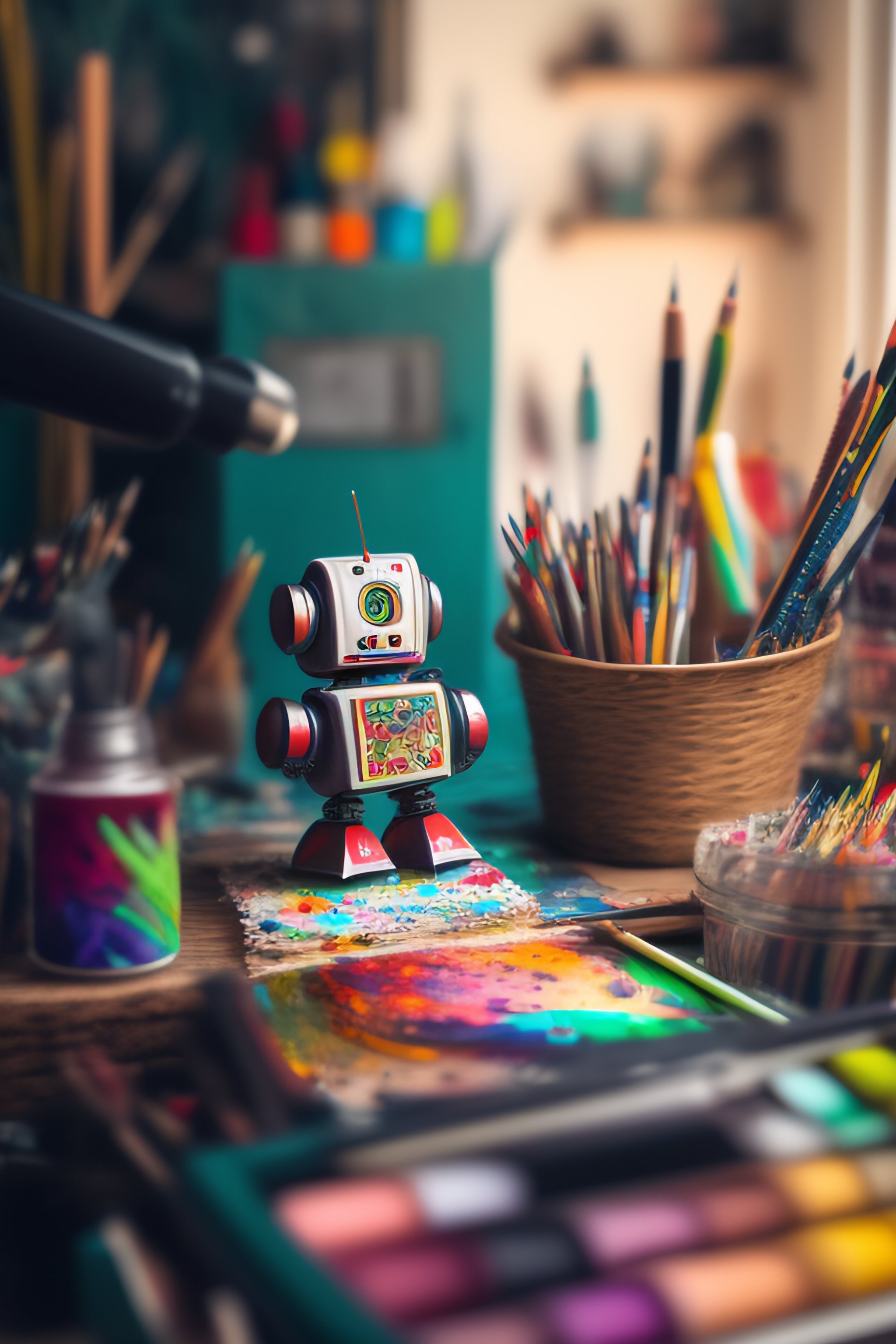 Lexica - A messy, chaotic artist's workshop, inside is a cute robot ...