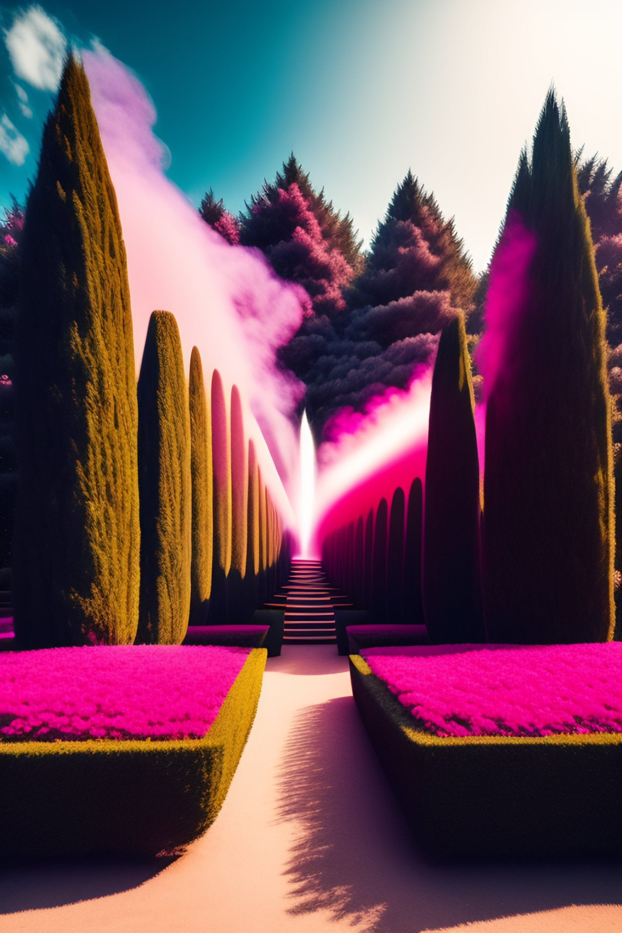 Lexica - Tall hedge maze, pink smoke, geometric, minimal, vintage, scary