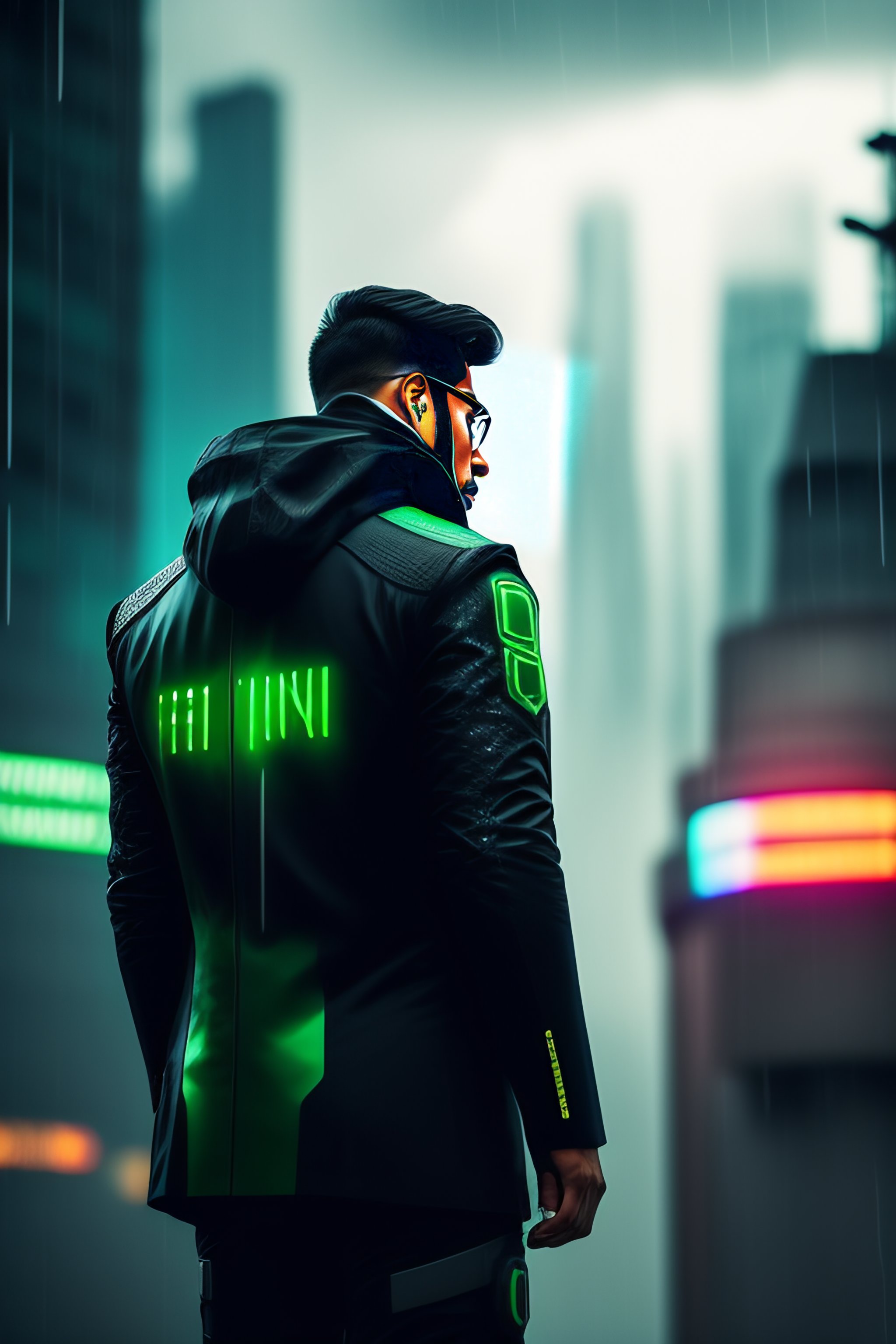 Lexica - Man with black tech suit charming and green tech glasses ...