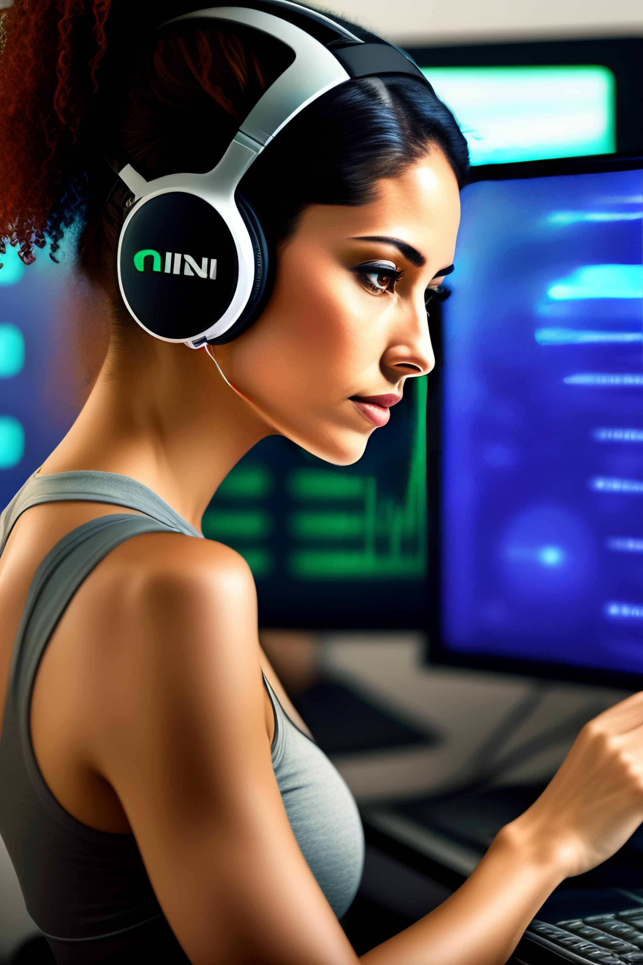 Lexica - Generate an image of a female hacker in a tanktop at a ...