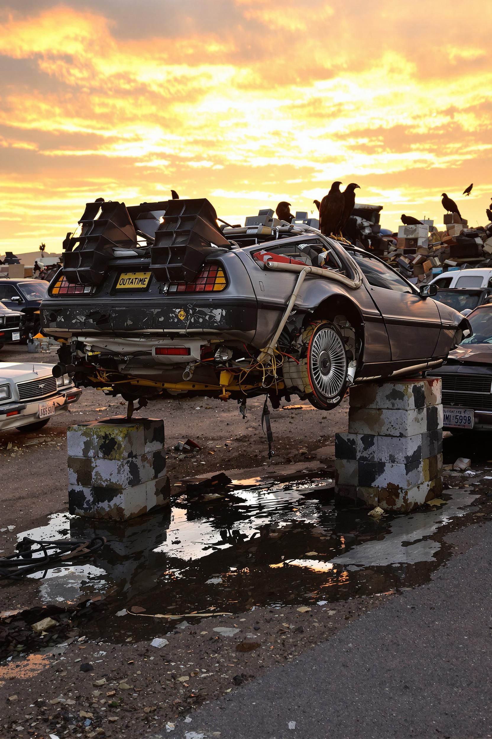 Lexica - Delorean from back to the future, up on blocks in disrepair.