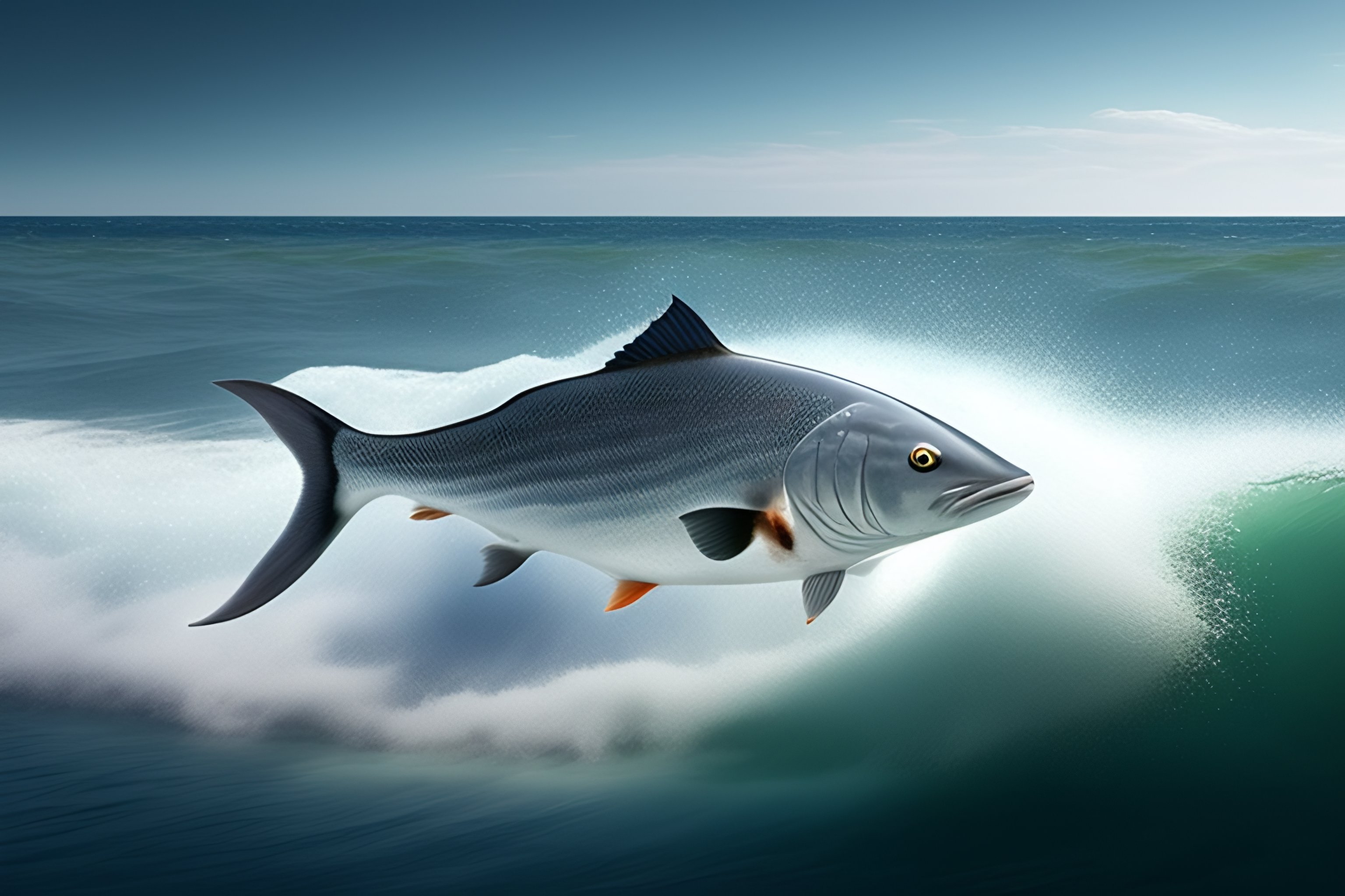 Lexica - A gray cat caught a big strong fish in the sea and is pulling ...