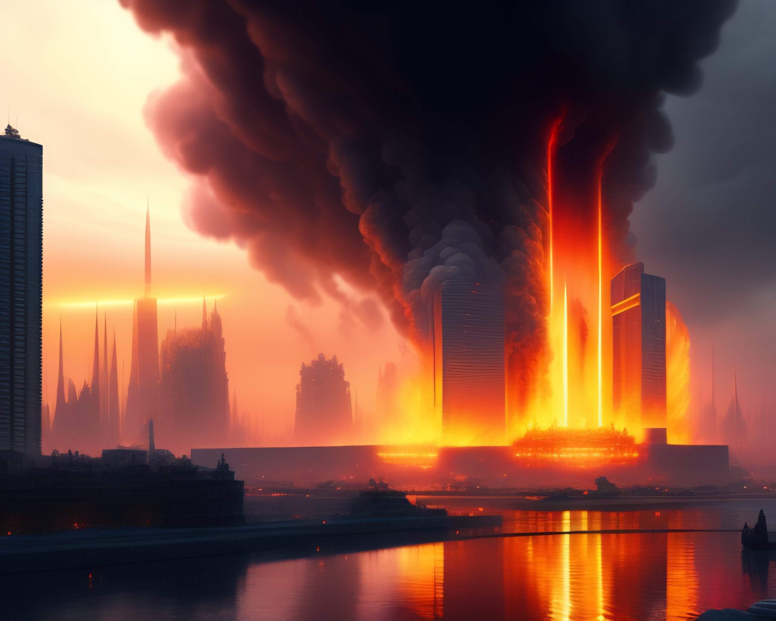 Lexica - Cityscape on fire and in ruins, scenic, detailed, epic Steven ...