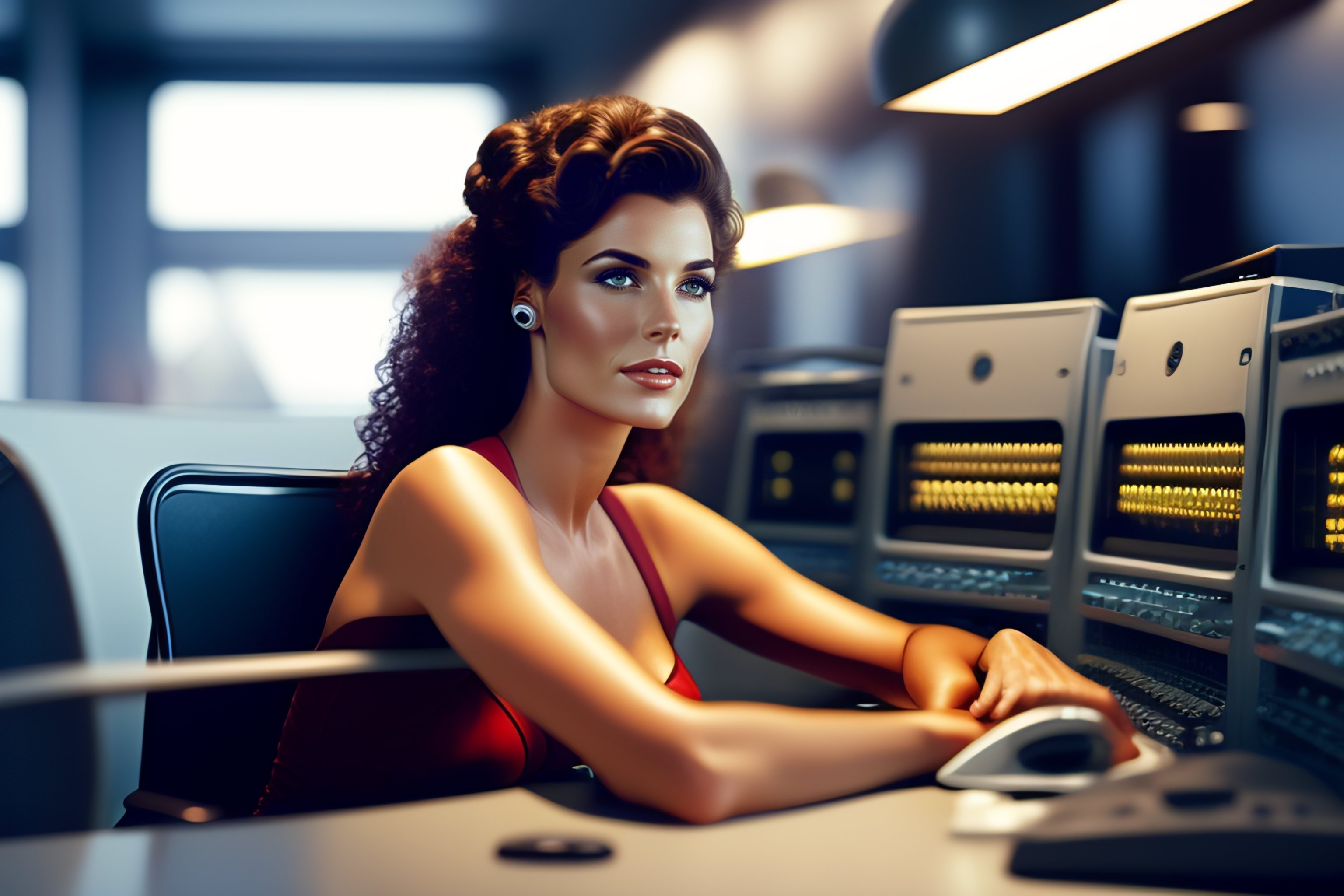 Lexica - Attractive female cyborg sitting at a computer desk working on ...