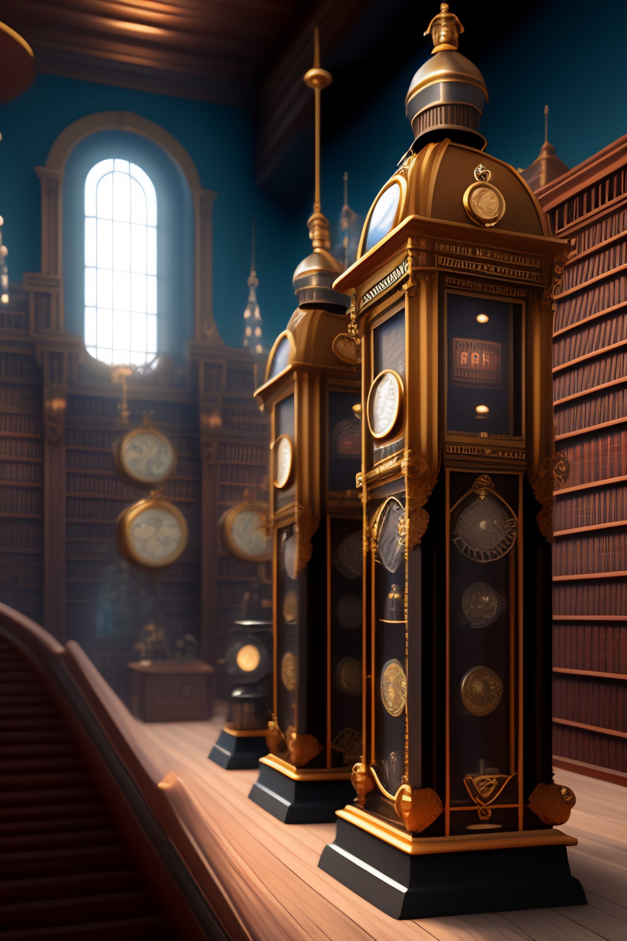 Lexica - A digital illustration of a steampunk library with clockwork ...
