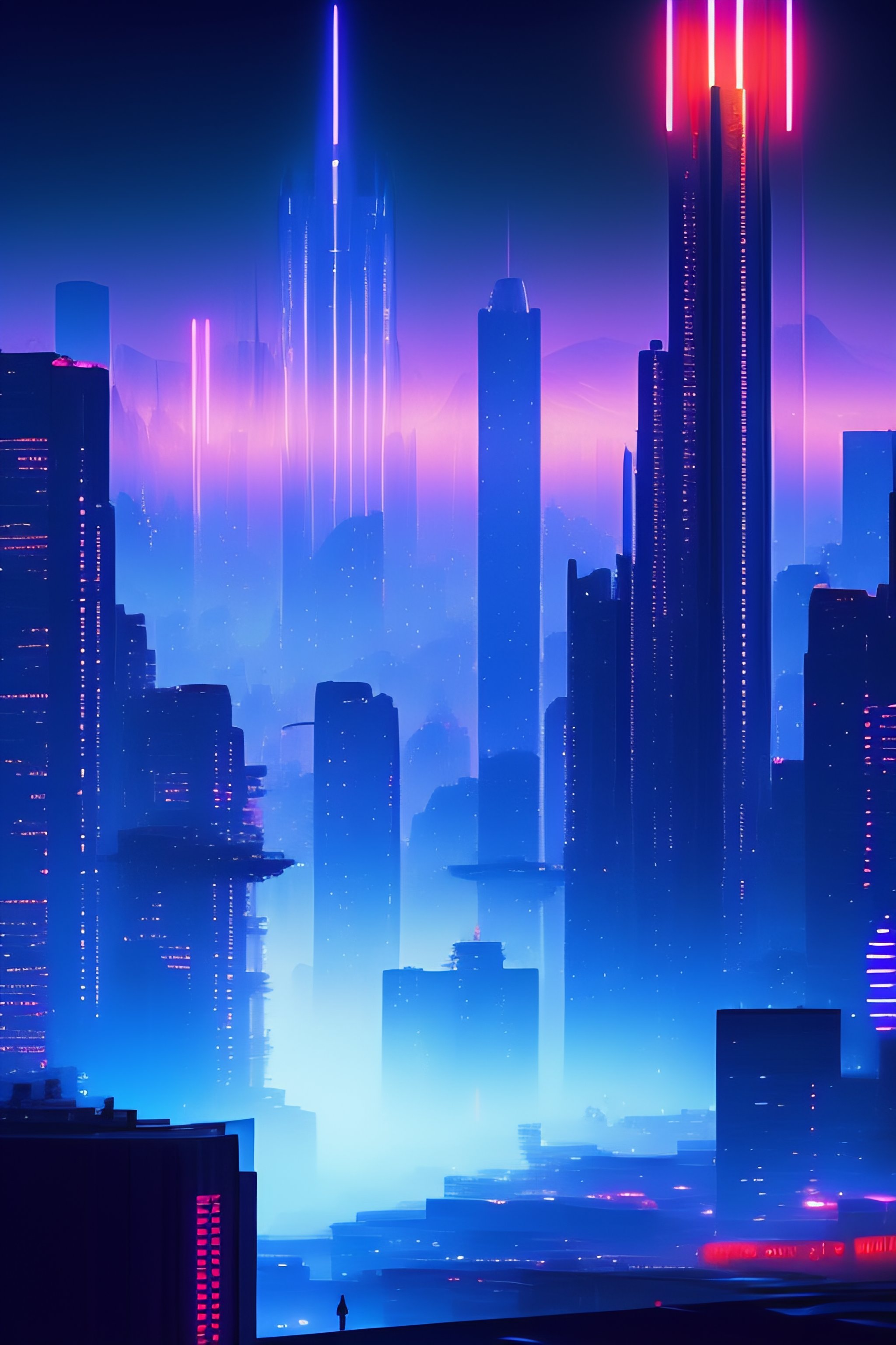 Lexica - Neo Tokyo neon city, snow capped mountains in background, mist ...