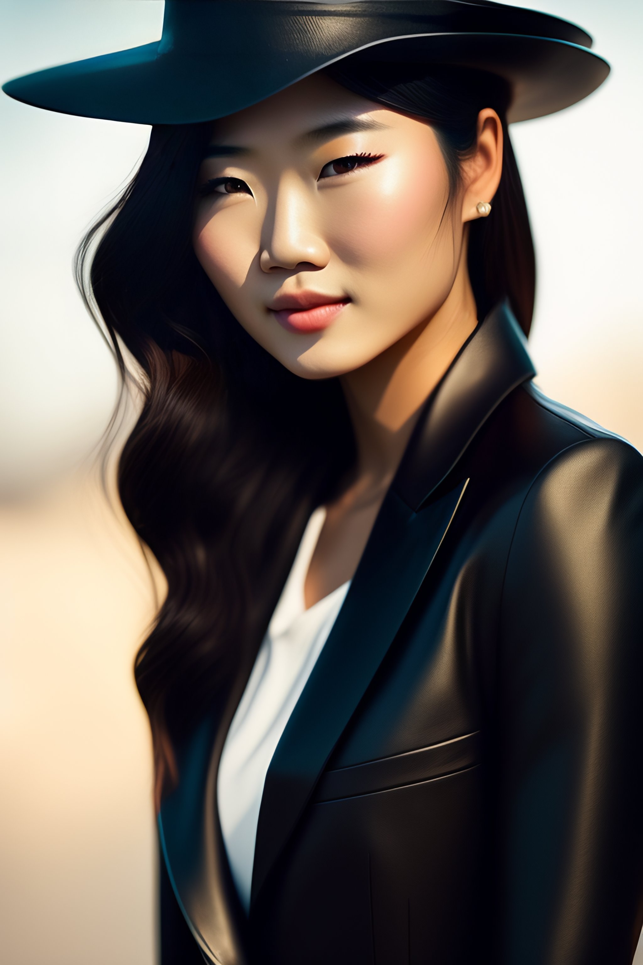 Lexica - Asian girl, windy hair, leather suit, fedora hat