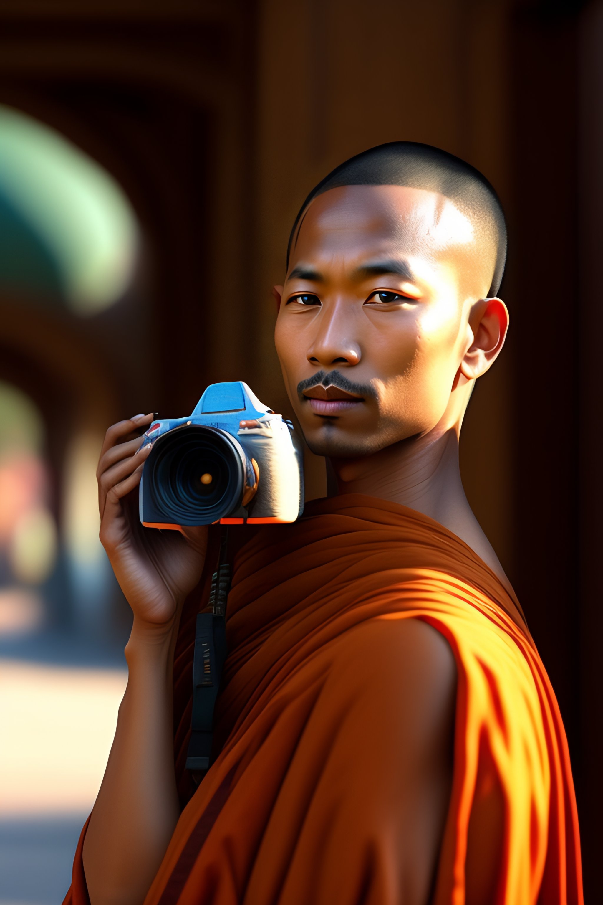 Lexica - A monk clicking pictures with a camera, disney, pixar