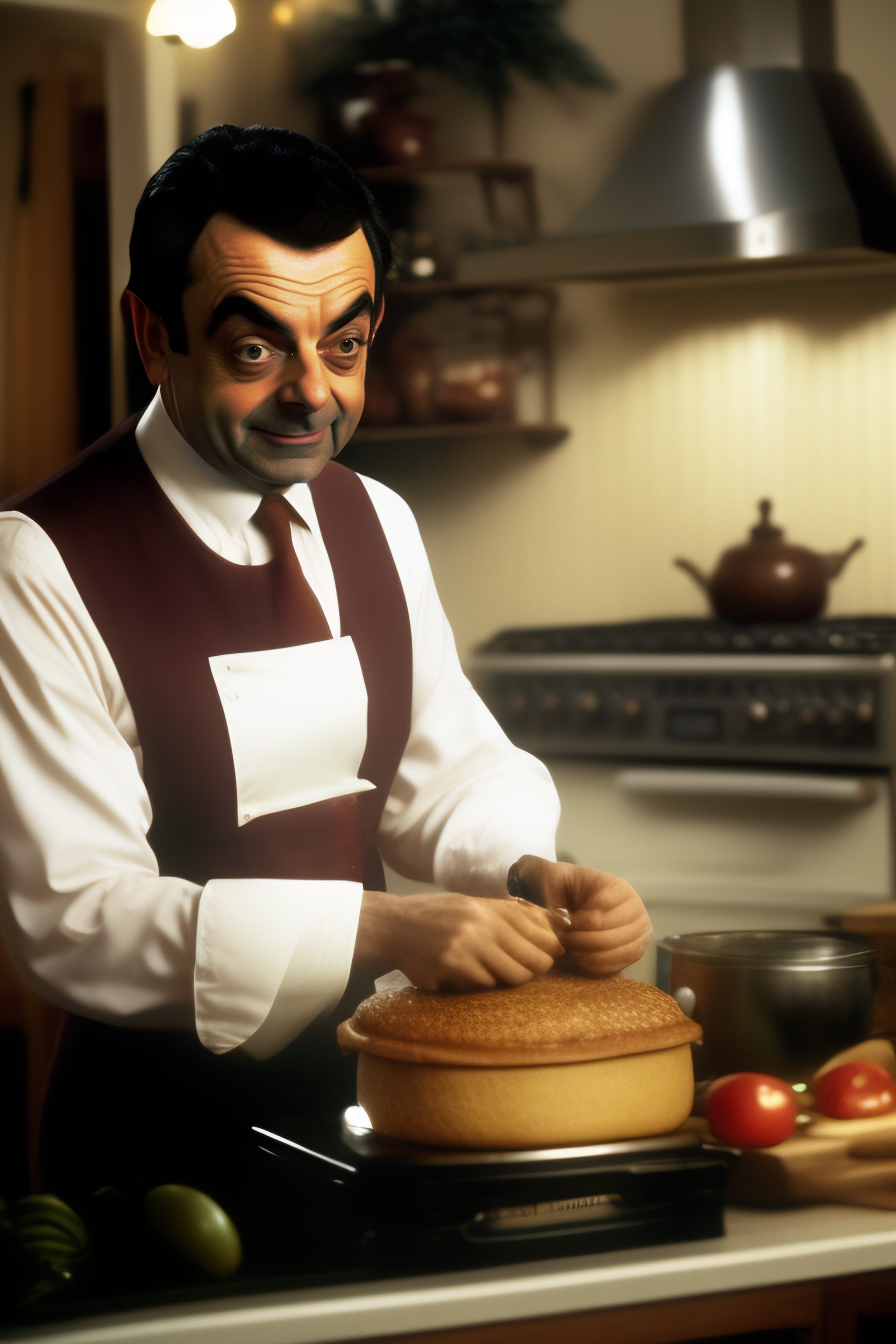 Lexica - A polaroid of Rowan Atkinson Mr Bean cooking a christmas dinner