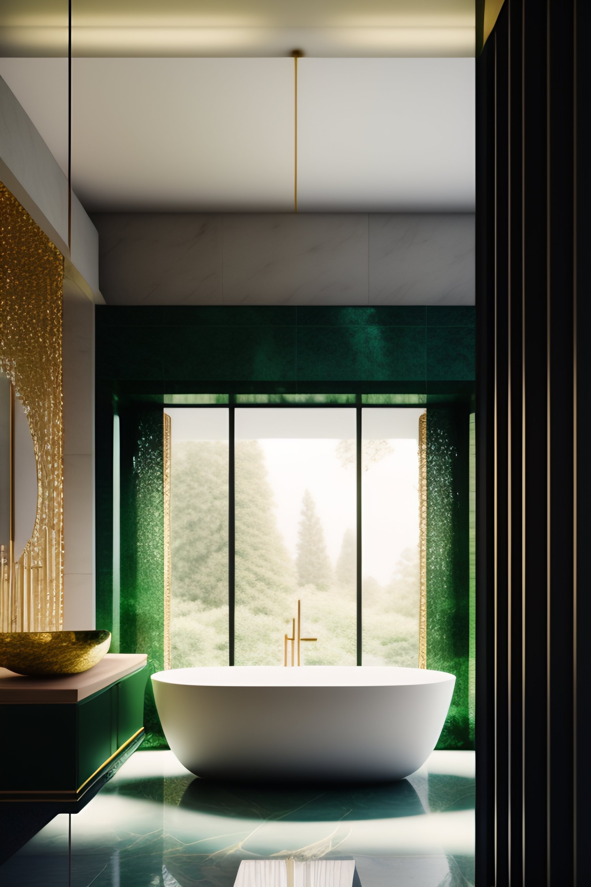 Lexica - Architectural render of an opulent spa bathroom with green and ...
