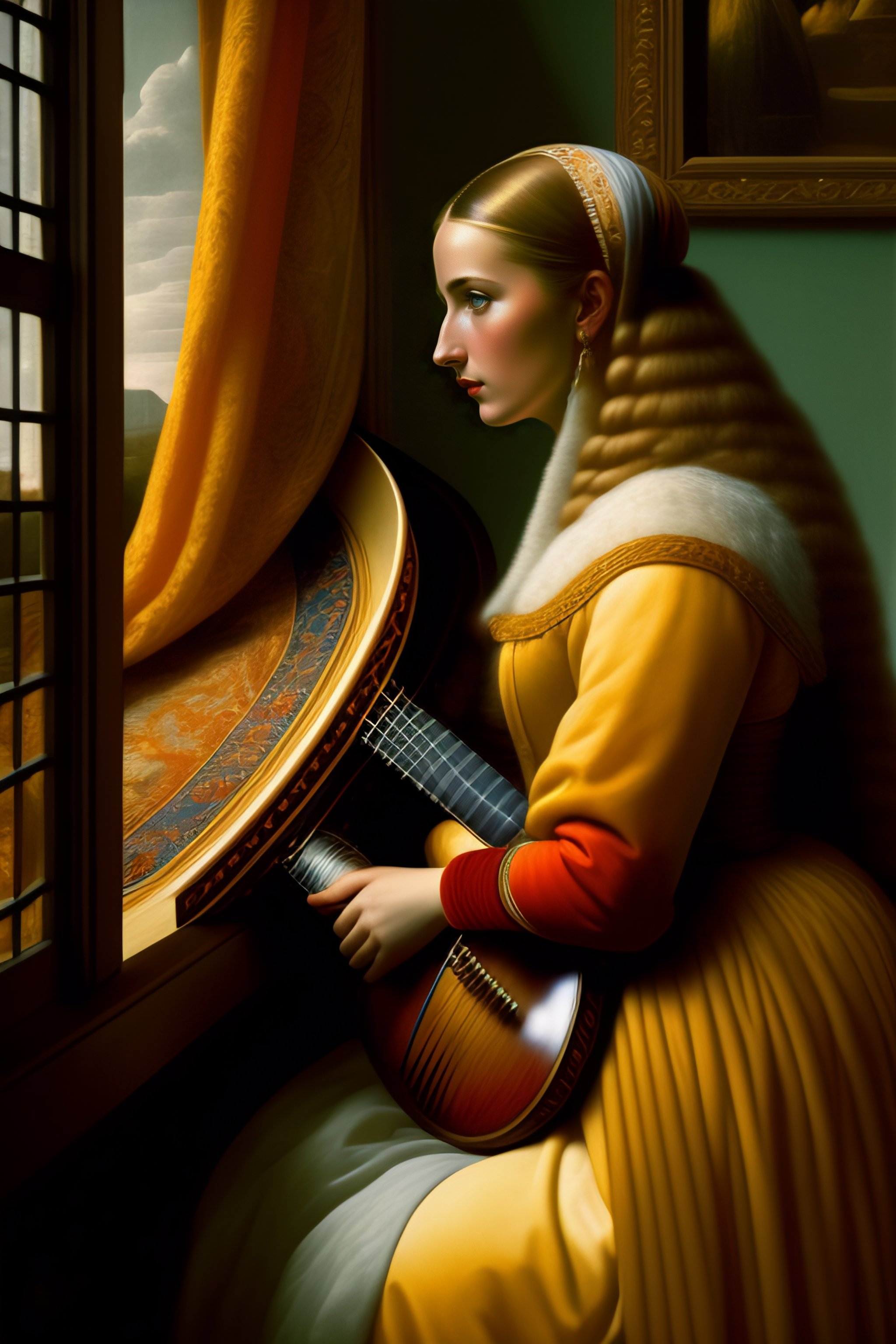 Lexica - Young lady playing lute, blond hair, window on her right ...