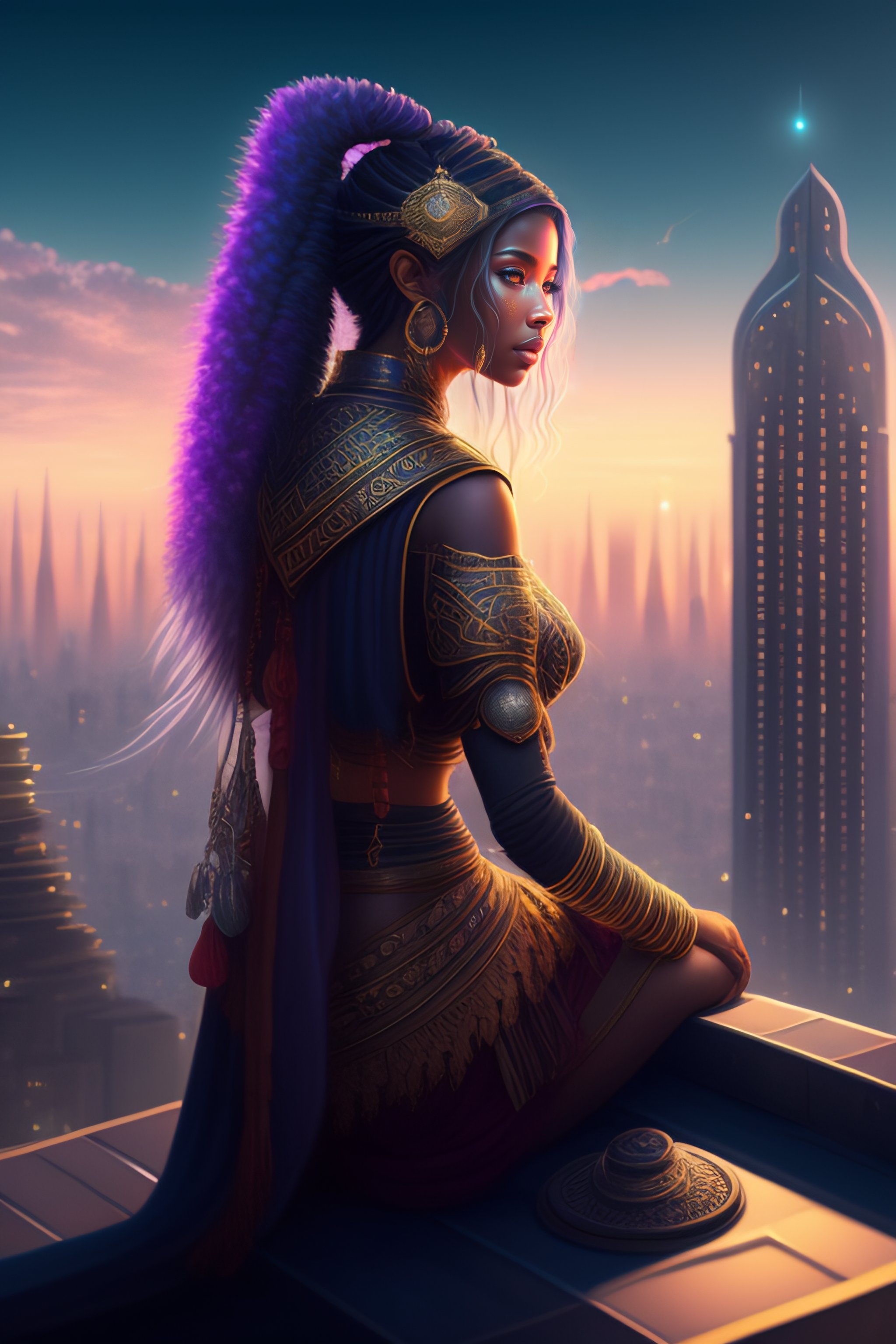 Lexica - Girl sitting on a roof looking down at a city below, extremely ...