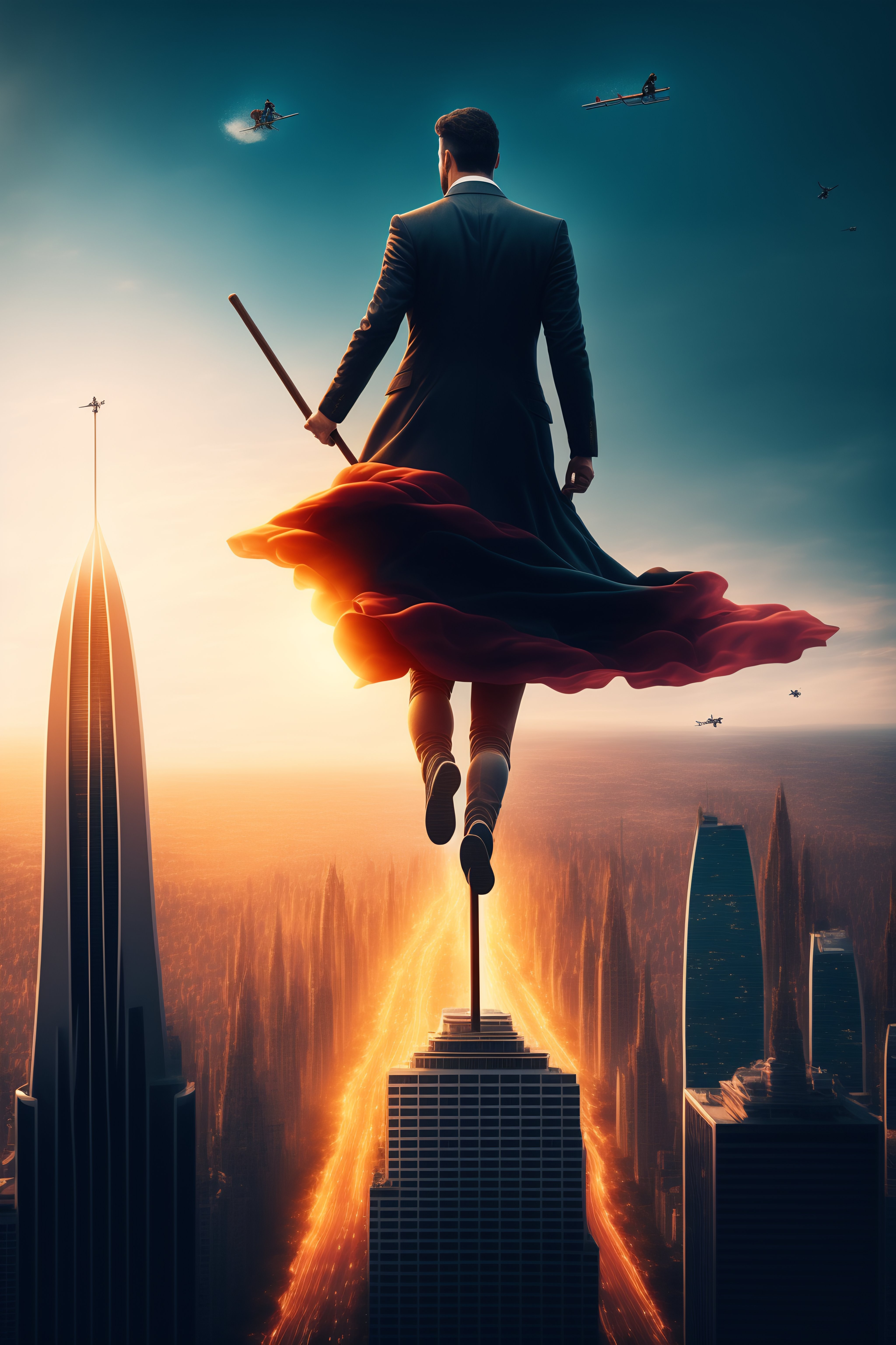 Lexica - Man riding a broomstick over the city flying