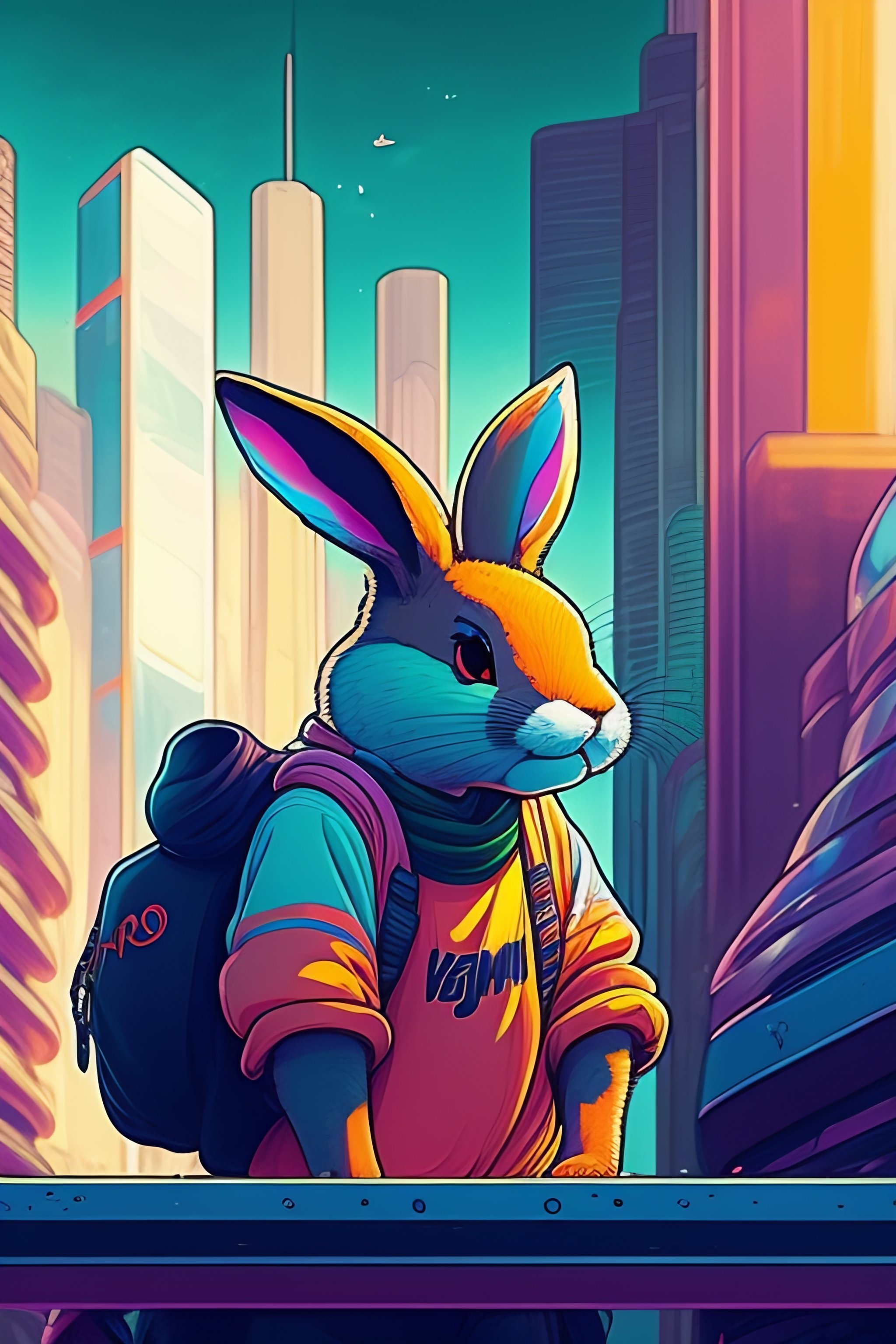 Lexica - Photo of of a huge breakdancing rabbit in a fusion cityscape ...