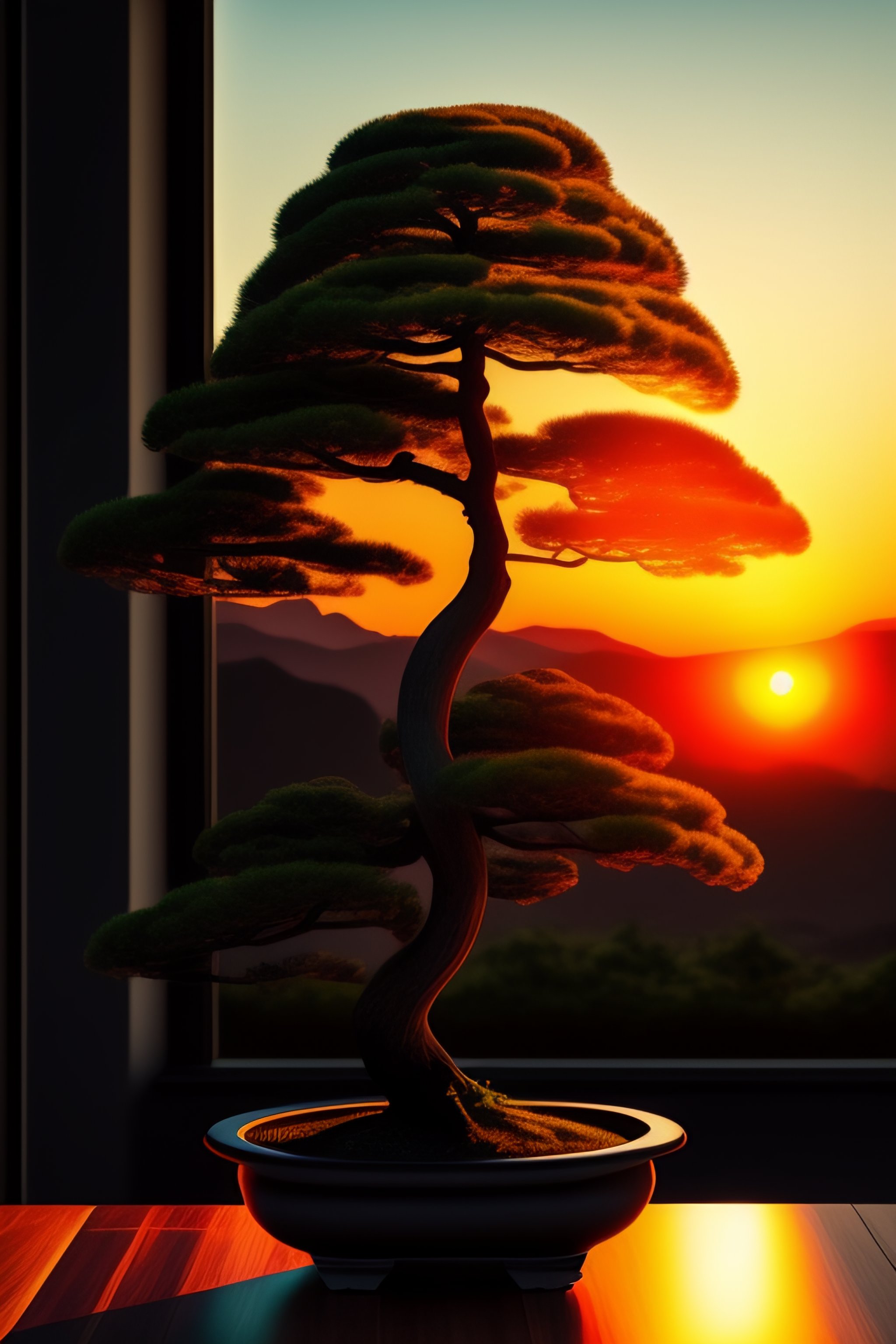 Lexica - Bonsai tree, sunset, art by caravaggio