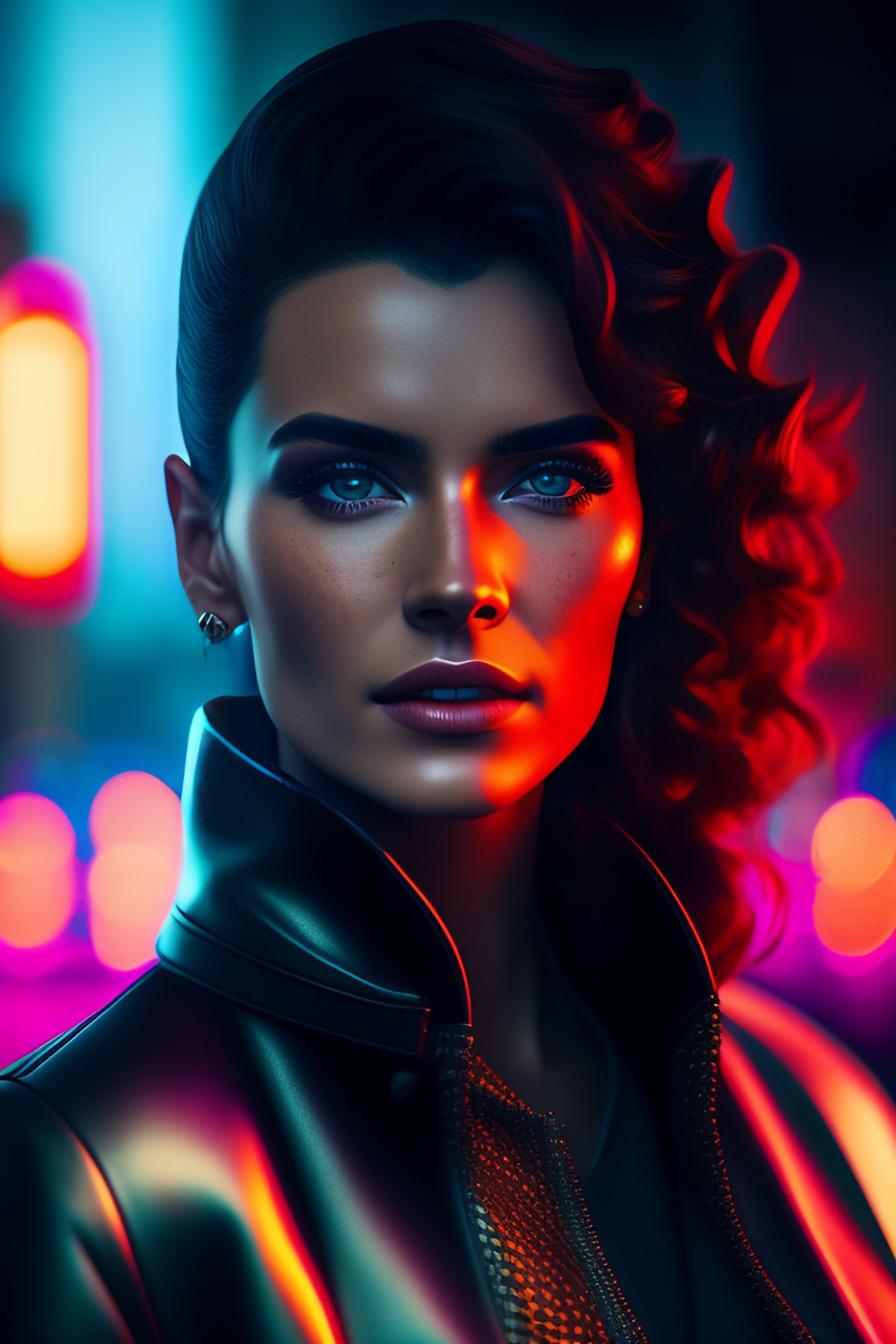 Lexica - Portrait photo of a cyber women's face, black (real) leather ...