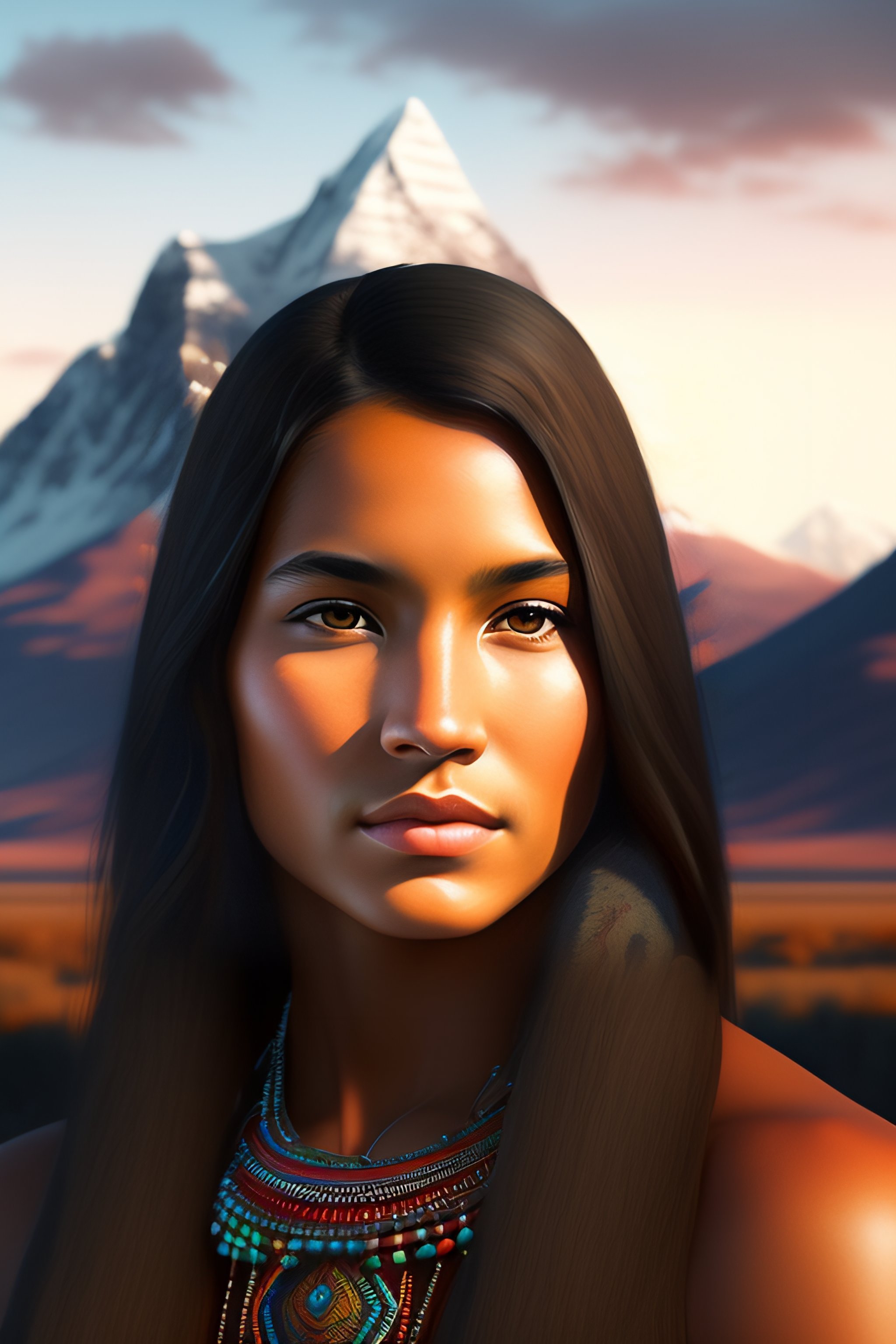 Lexica - Native american young female portrait in 3d digital art with ...