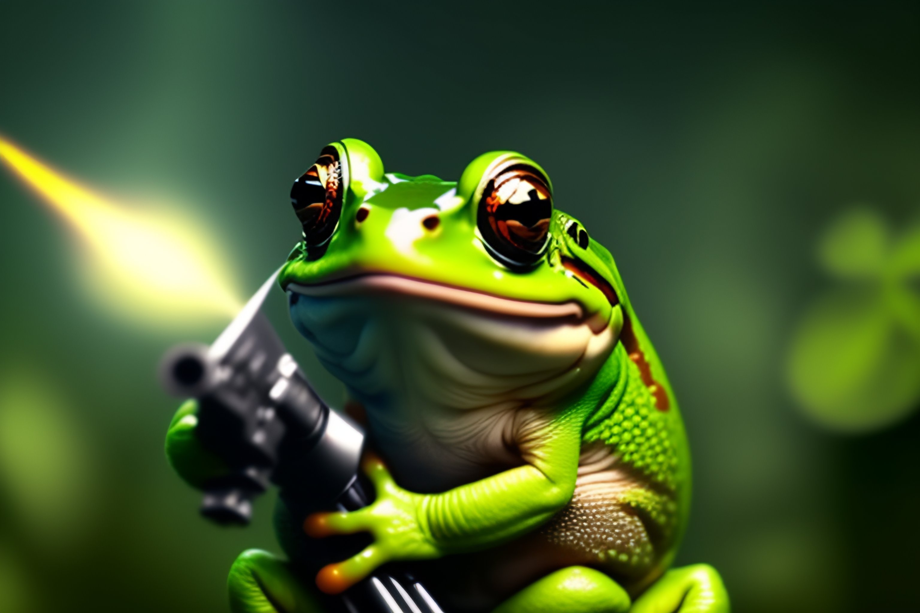 Lexica - A funny frog wielding a rocket-launcher from a video game.