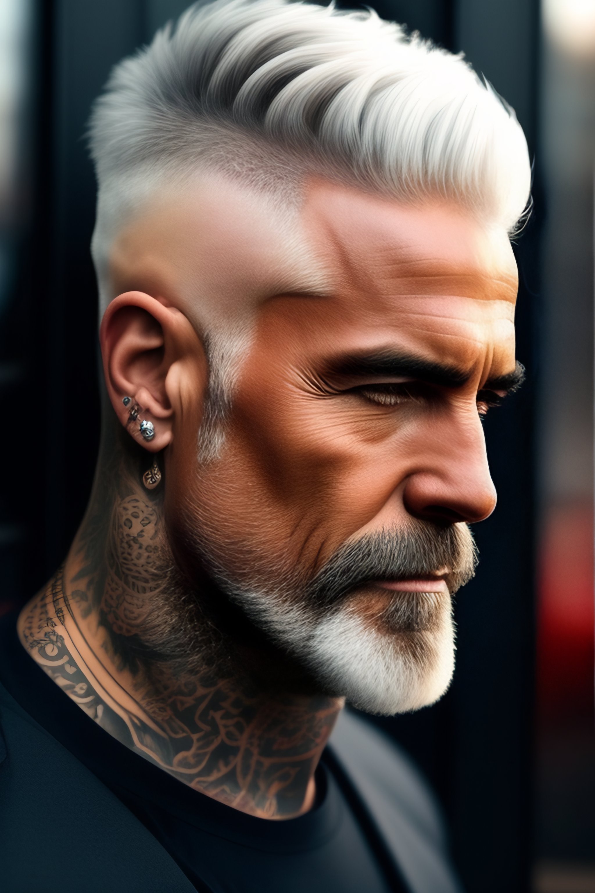 Lexica - Man grey hair strong tattoos butcher