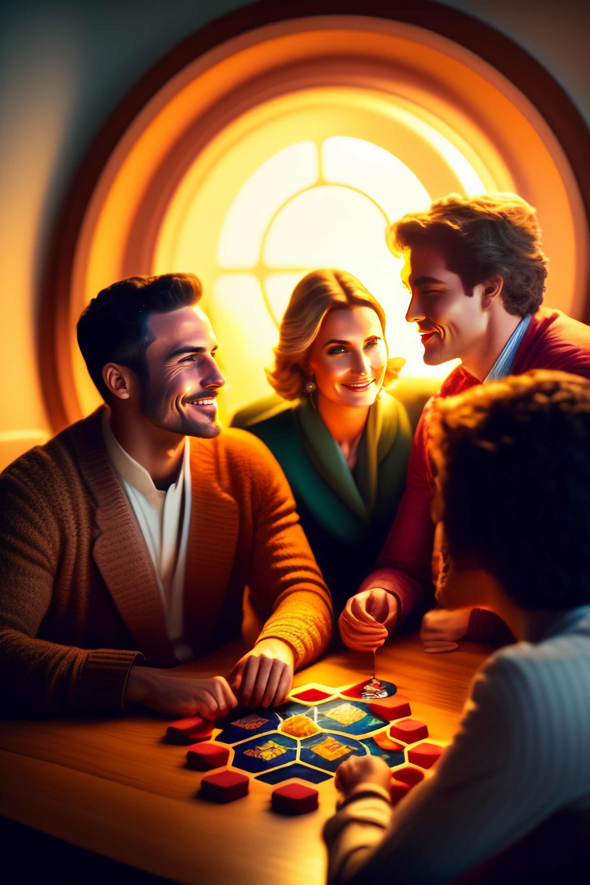 Lexica - Two men and two lesbian women playing catan game, cinematic ...