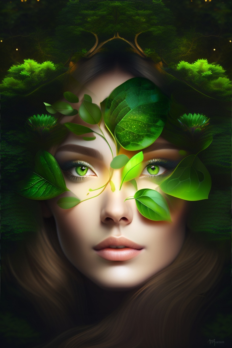 Lexica - A women face in center of tree ,glowing green eyes, dark green ...
