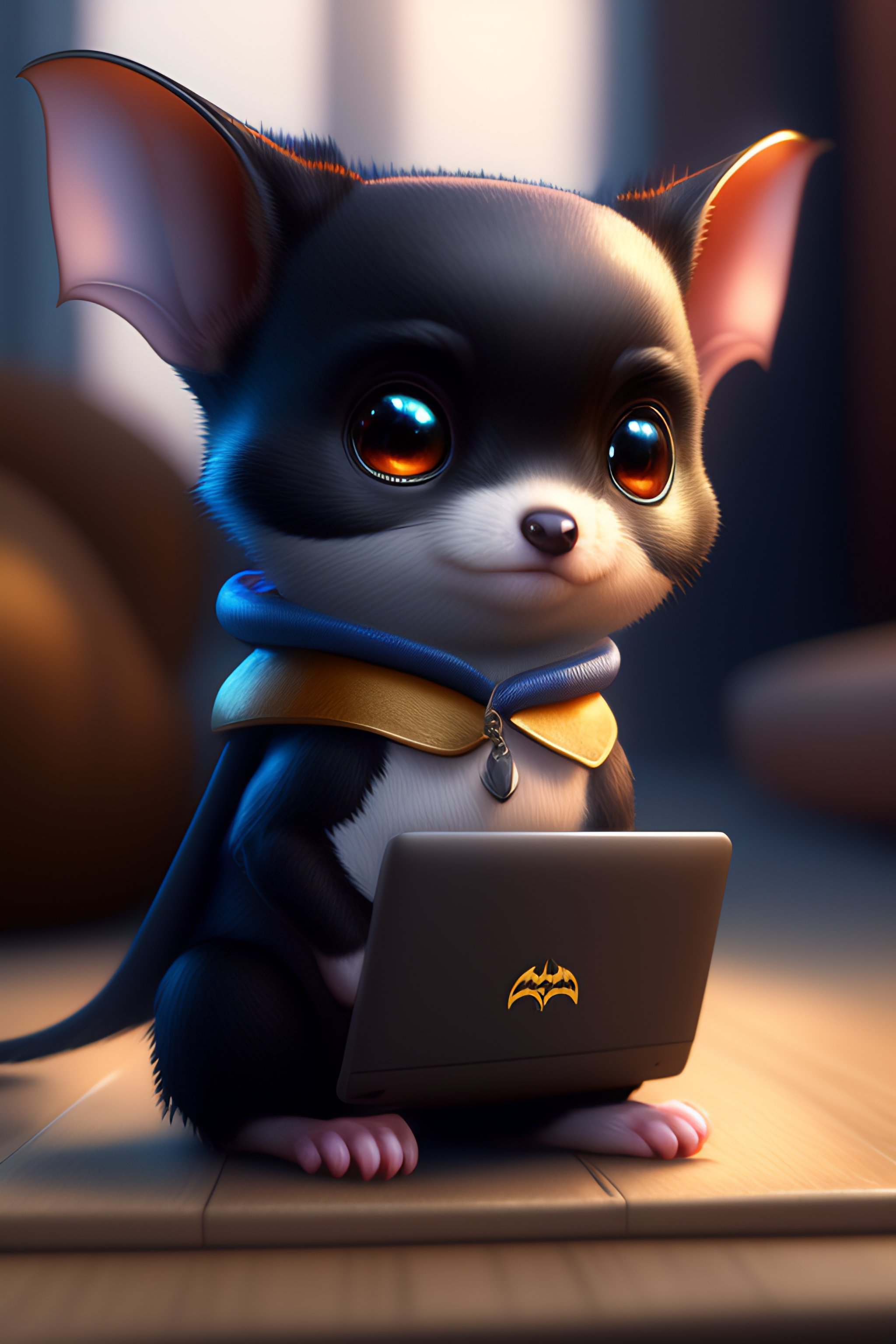 Lexica - Cute small humanoid bat sitting in front of laptop ,unreal ...