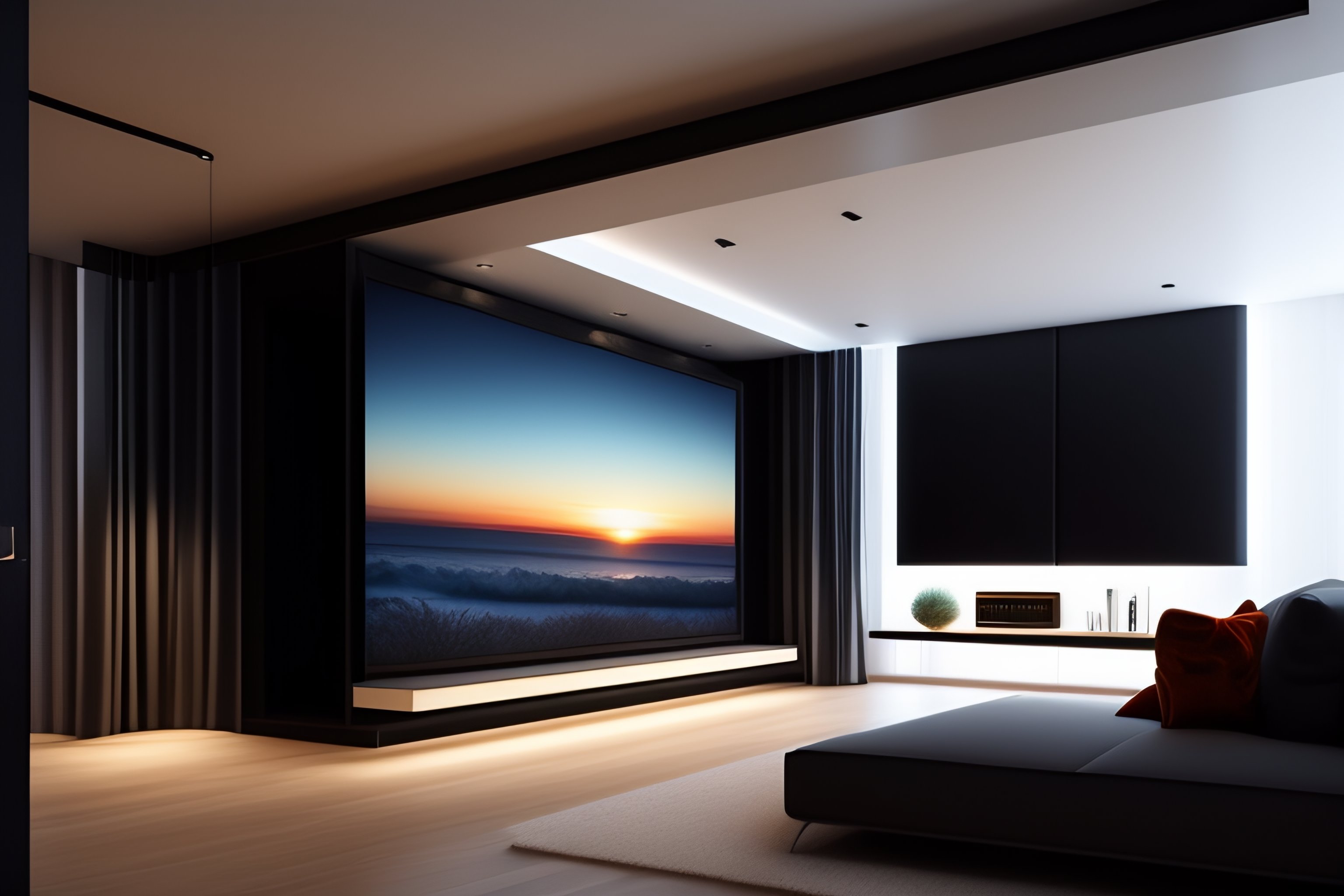Lexica - A big screen hanging from the ceiling of a design living room